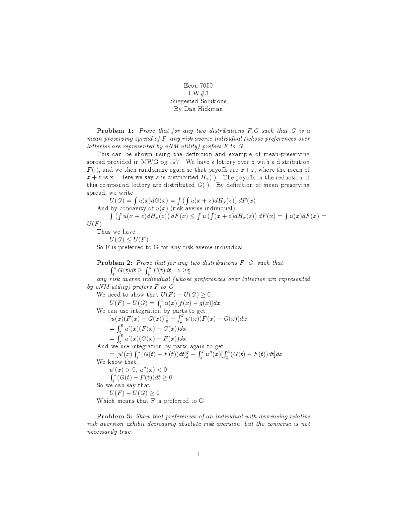 Solutions for Econ 7050 HW#3: Mean Preserving Spreads, Risk Aversion ...