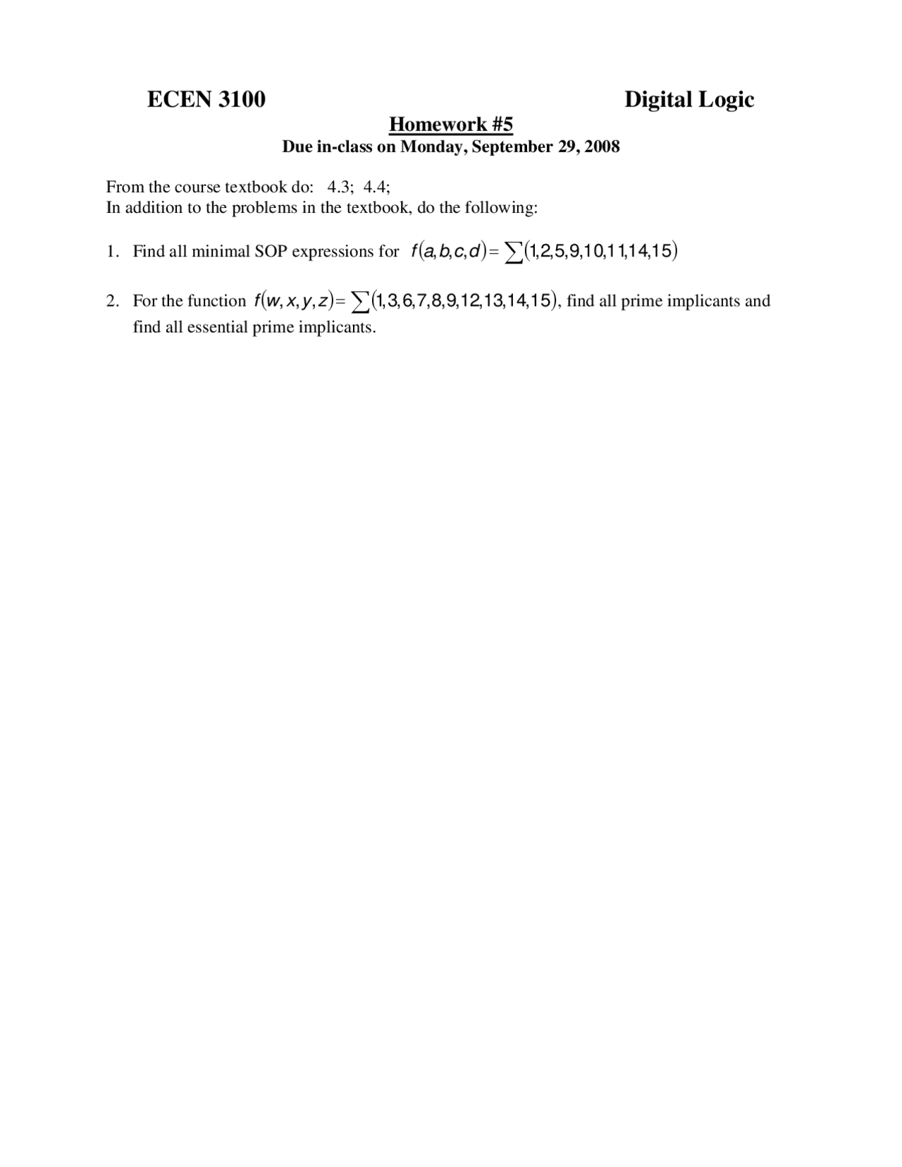 Homework 5 Questions Fall 2008 Digital Logic Ecen 3100 Docsity