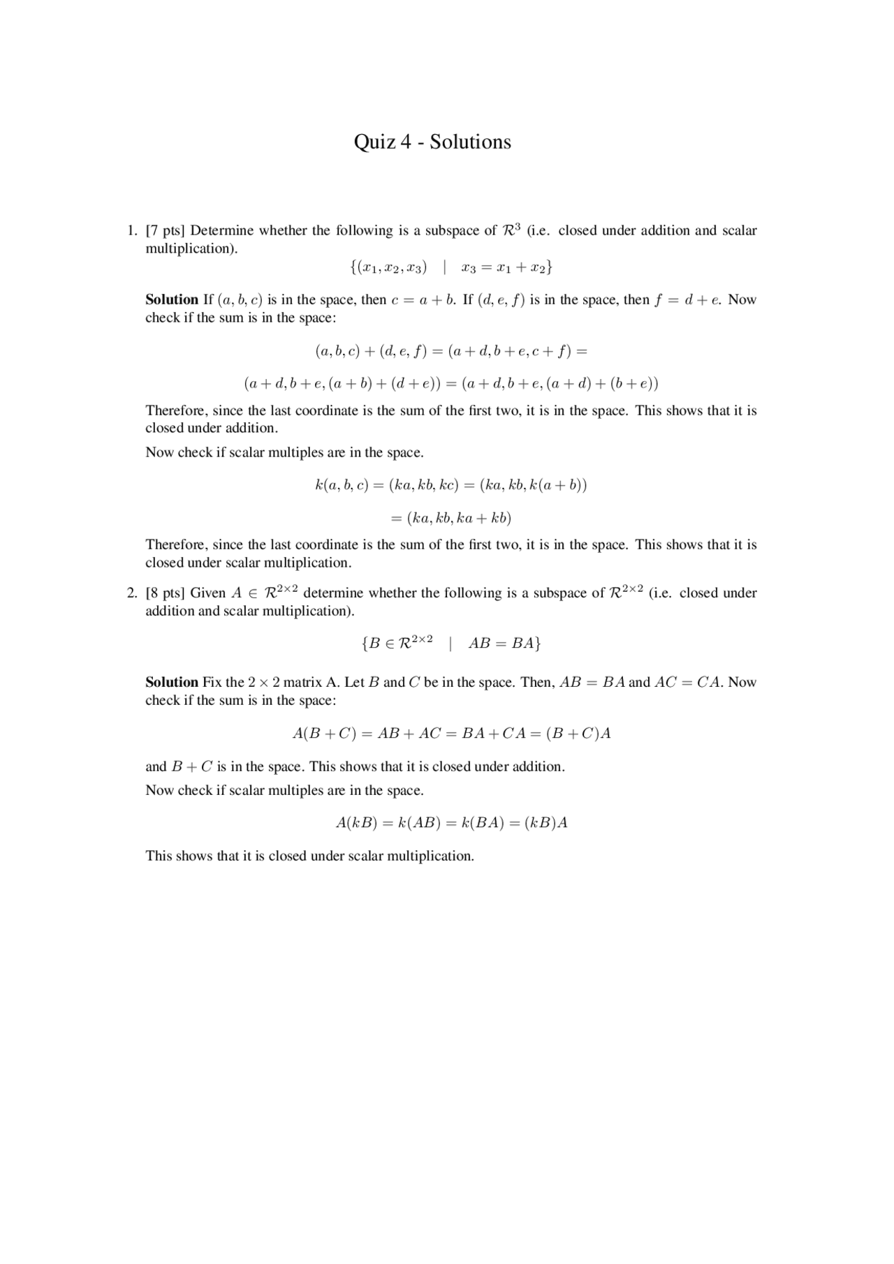 Quiz 4 Solutions Linear Algebra Math 304 Docsity