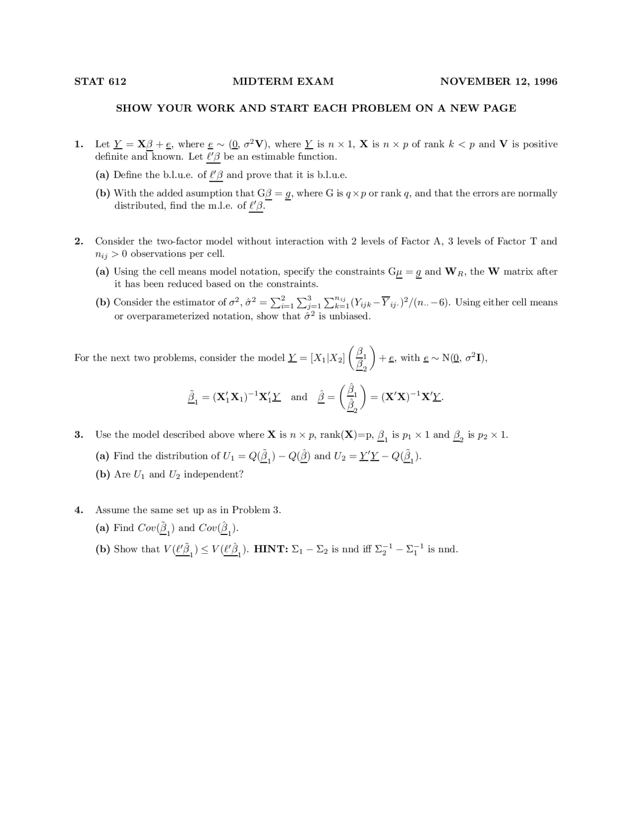 Theory Of Linear Models Midterm Exam Stat 612 Docsity