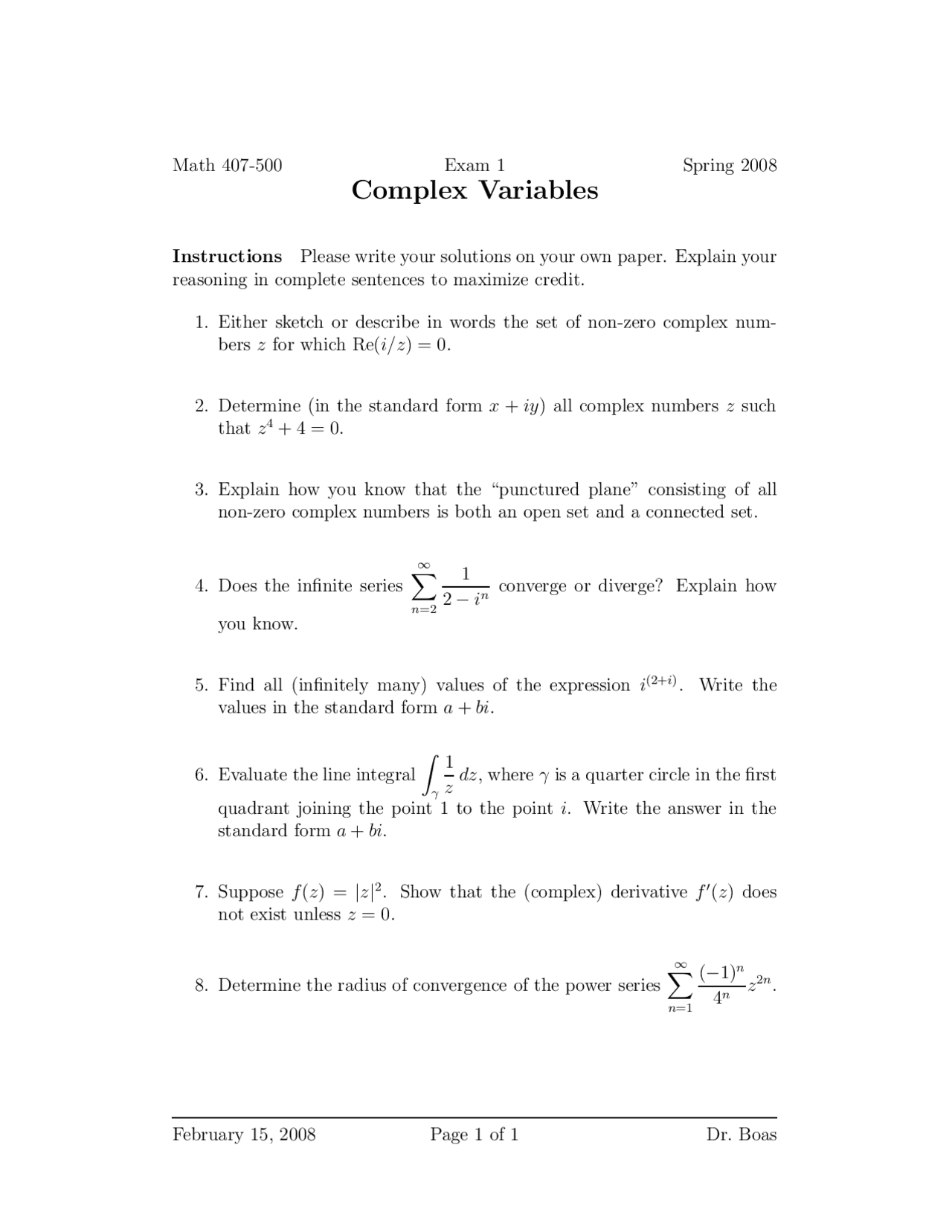 Exam 1 Questions For Solution Complex Variables Math 407 Docsity