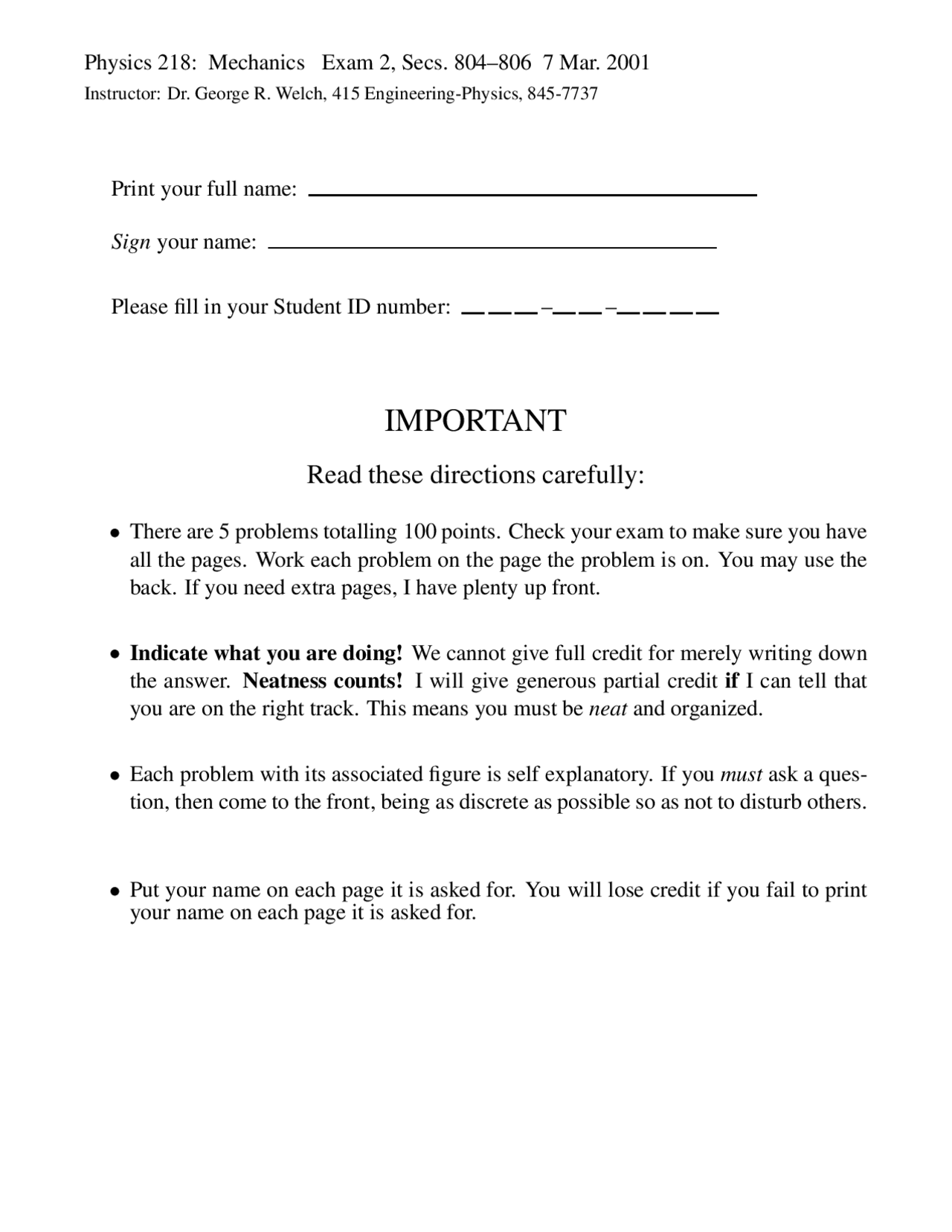 Examination 2, Mechanics - Physics | PHYS 218 - Docsity