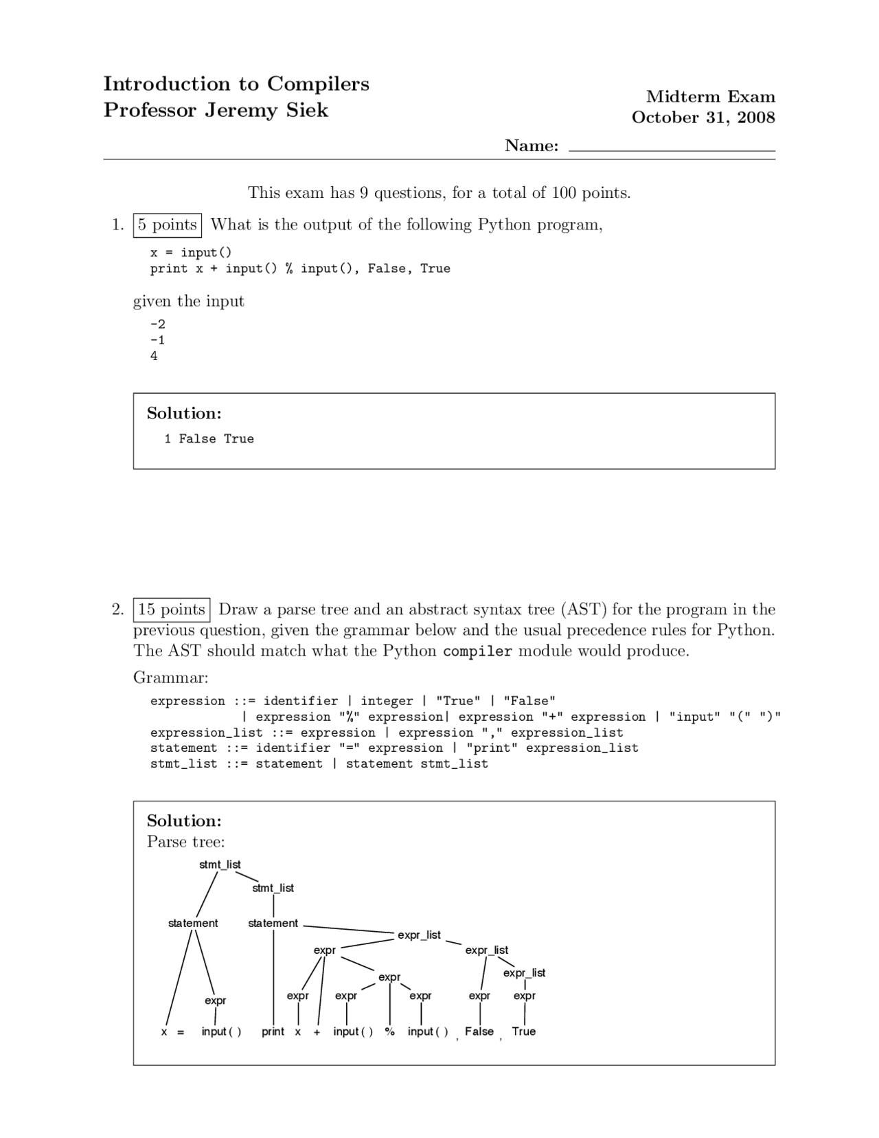 Midterm Exam Questions On Compiler Construction With Solutions Ecen 4553 Docsity