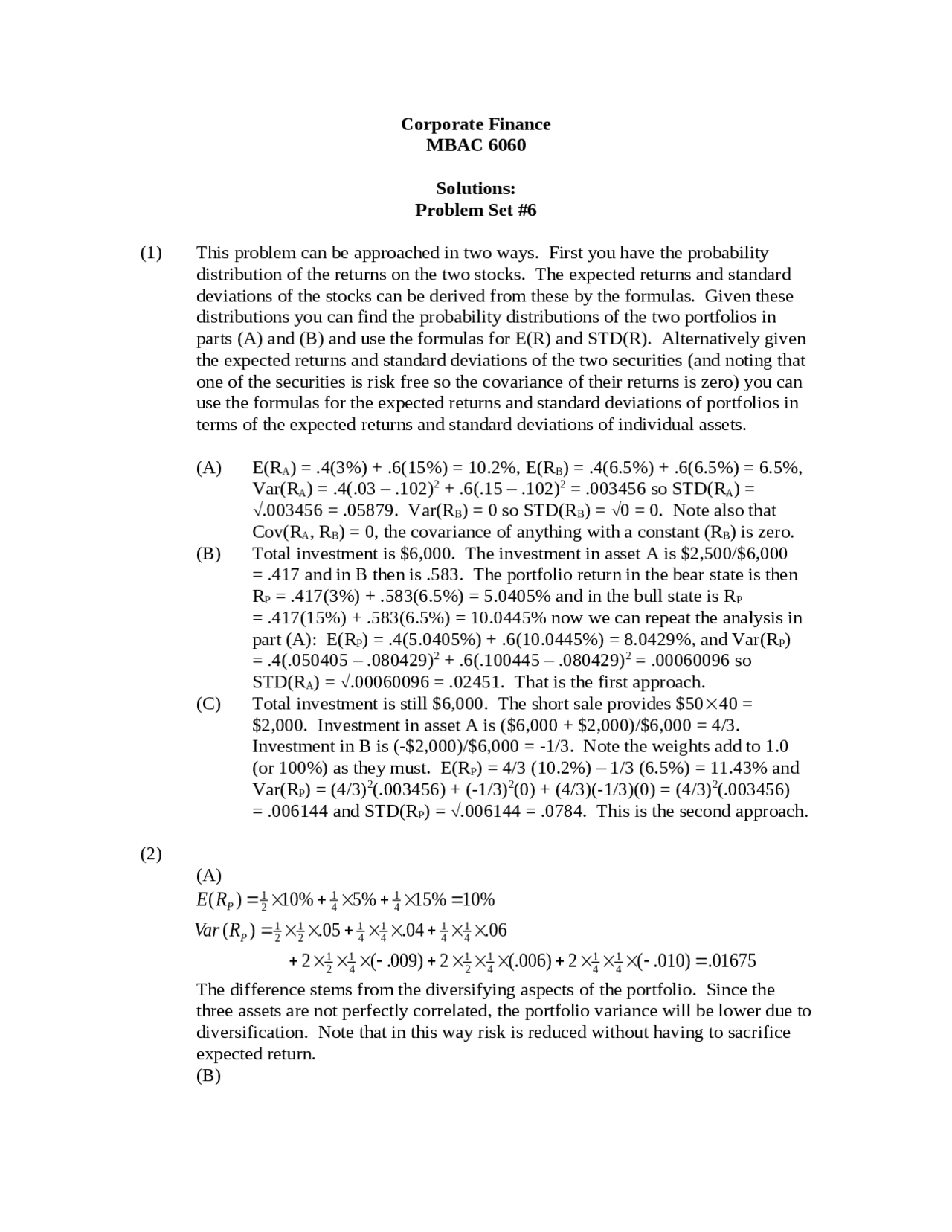 Solutions To Problem Set 3 Corporate Finance Mbac 6060 Docsity