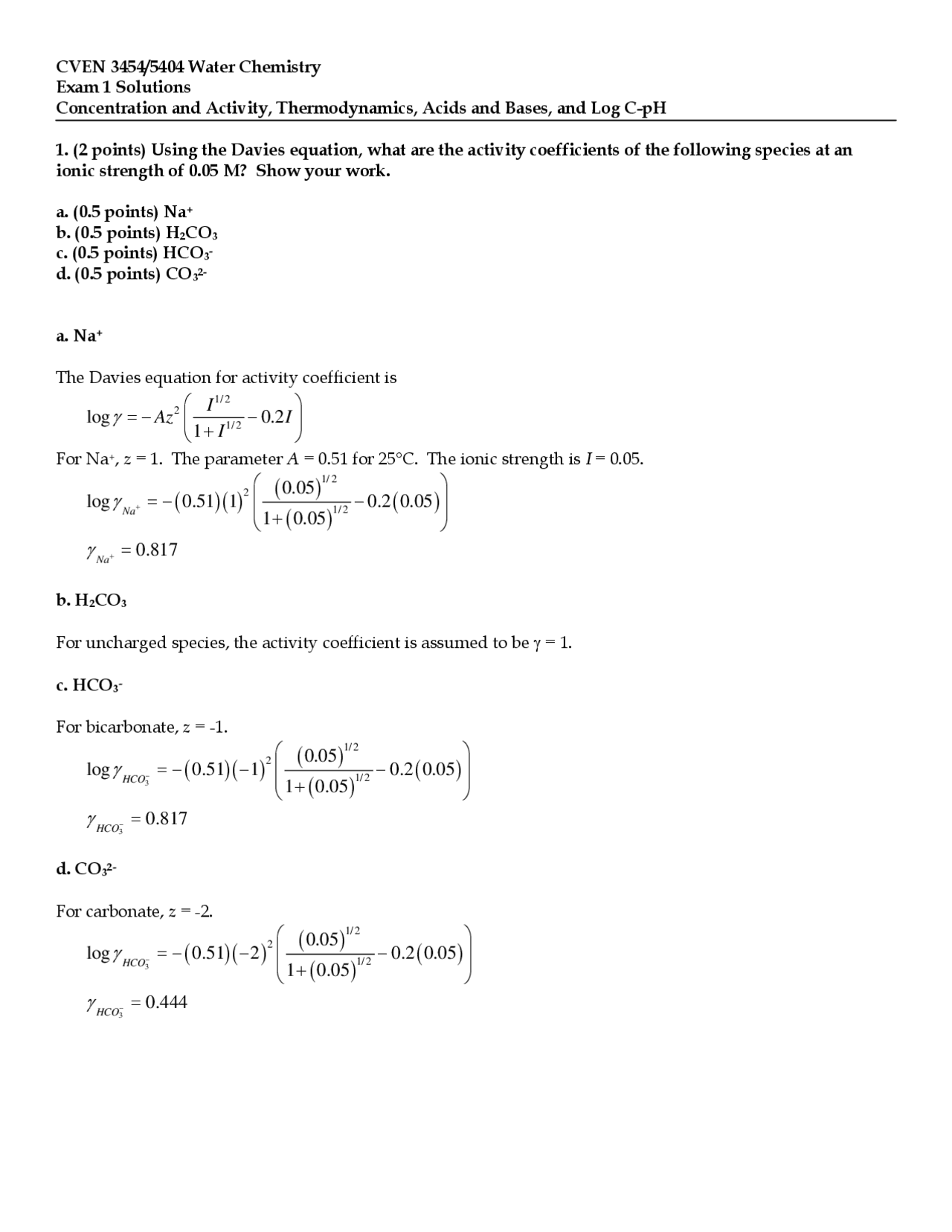 Exam 1 Questions With Solutions Water Chemistry Cven 3454 Docsity