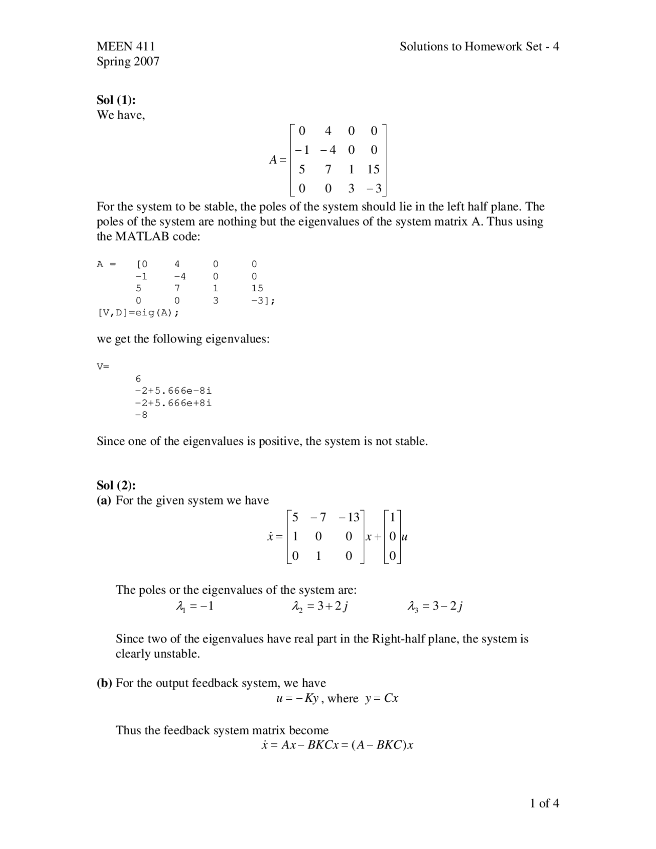 2 Solved Problems On System Of Matrix Homework 4 Meen 411 Docsity