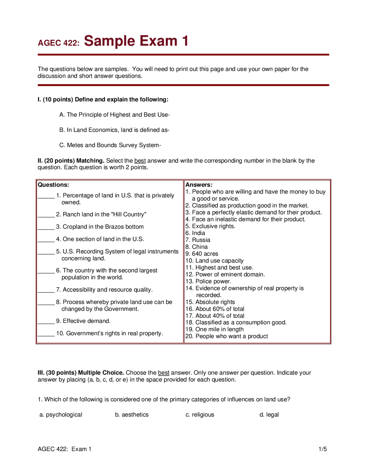 Sample Exam 1 Questions And Answers Land Economics Agec 422