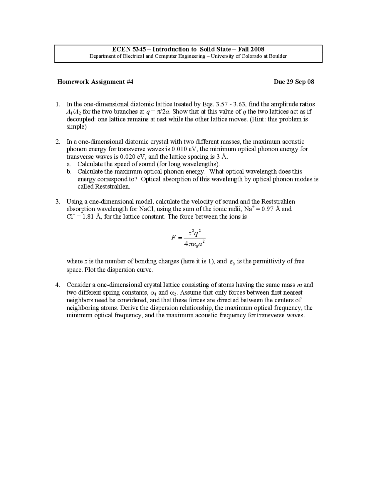 Homework 4 For Introduction To Solid State Fall 2008 Ecen 5345