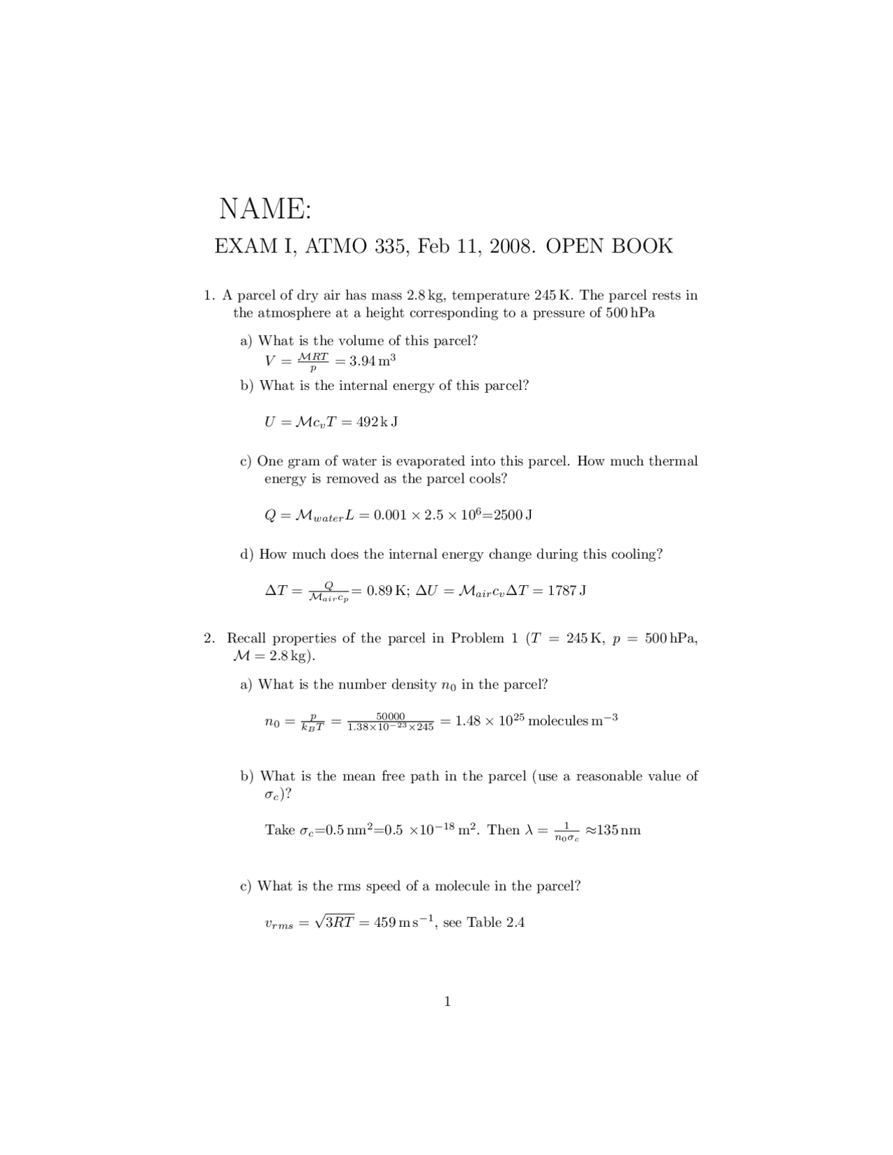 Exam 1 Atmosphere Thermodynamics Atmo 335 Docsity
