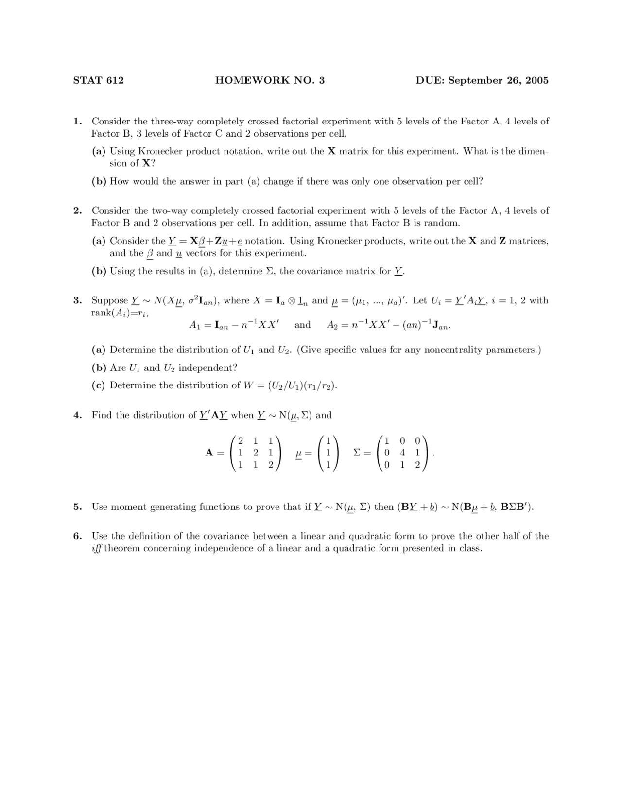 Homework 3 Theory Of Linear Models 2005 Stat 612 Docsity