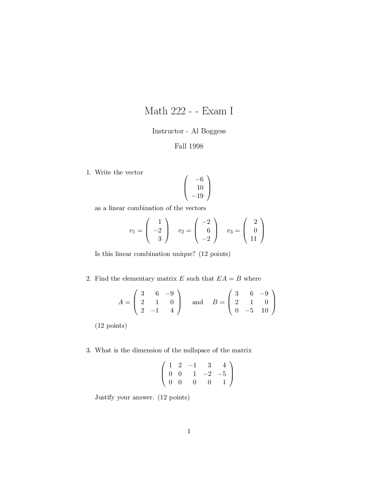 7 Questions Exam 1 Linear Algebra Math 222 Docsity
