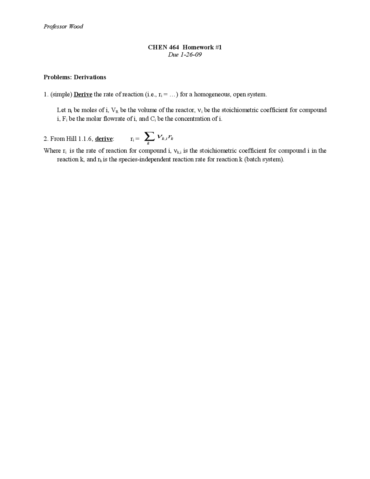 Homework 1 Kinetics And Reactor Design Chen 464 Assignments