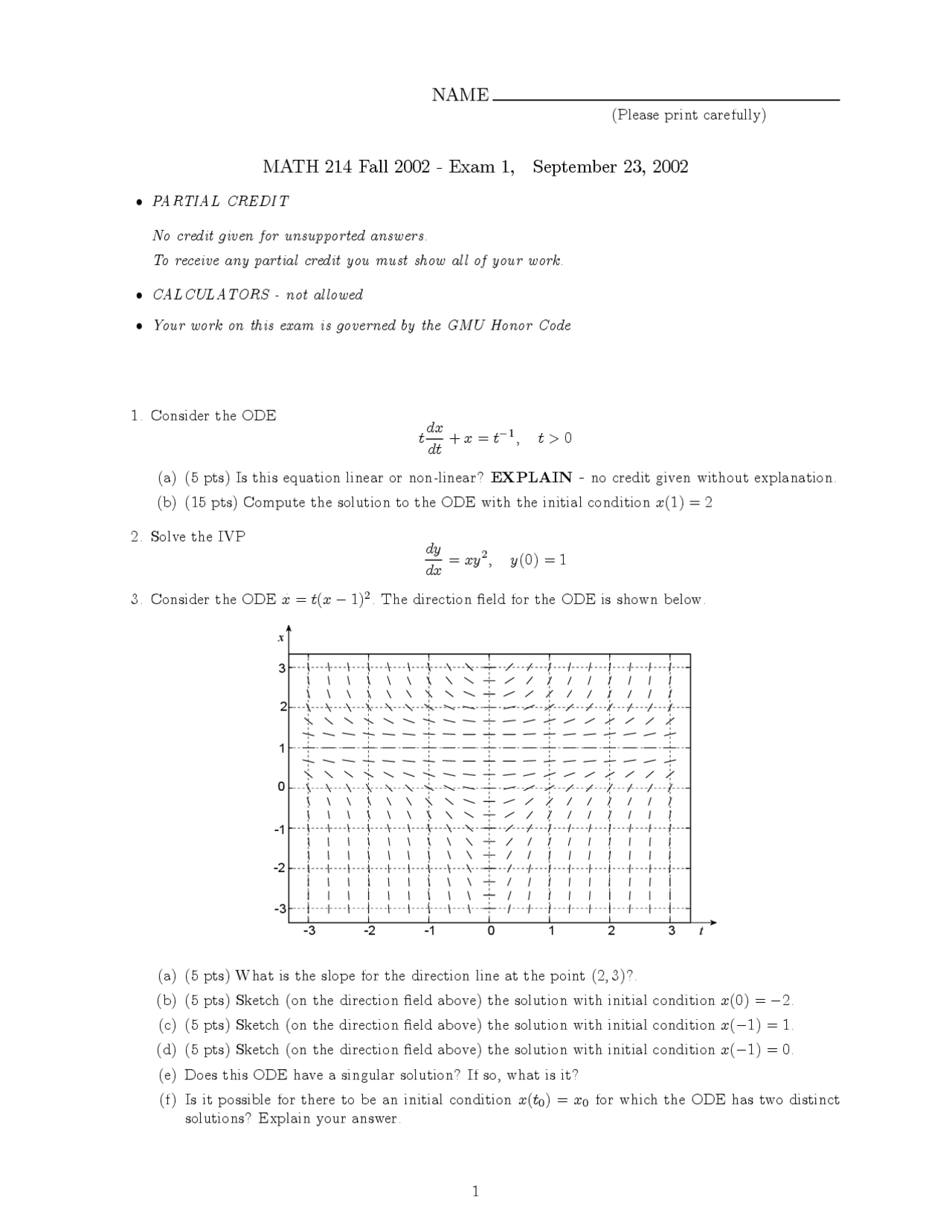 6 Questions On The Linear Equations Test 1 Math 214 Docsity