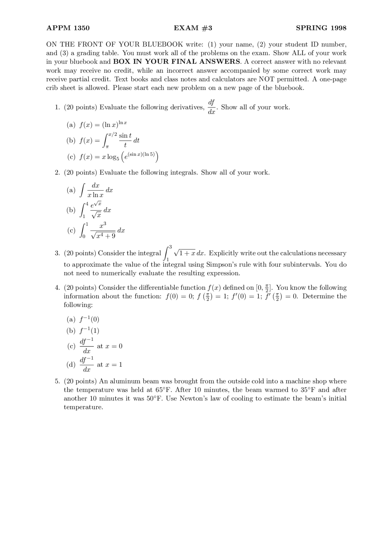 Practice Examination 3 Calculus I For Engineers Appm 1350 Docsity