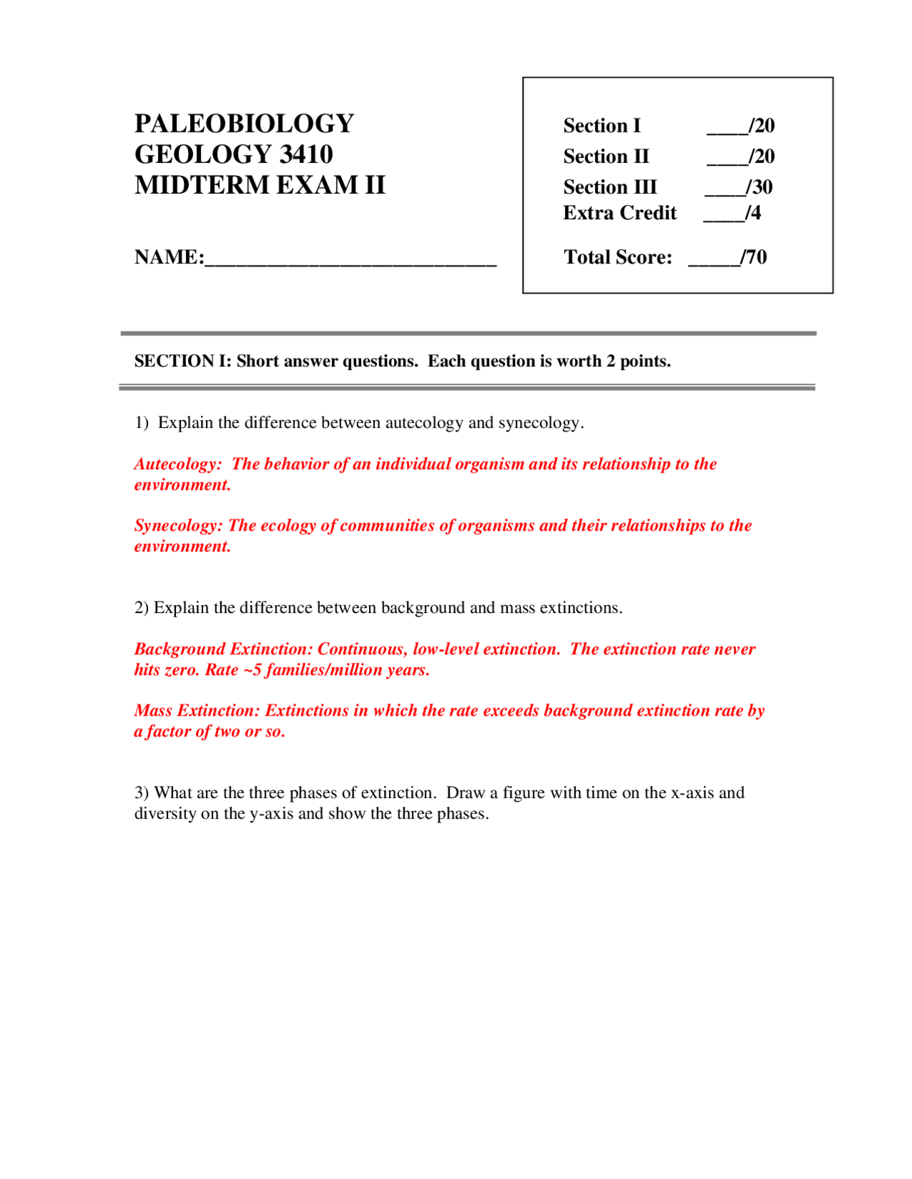 Solve Questions For Midterm Exam 2 Paleobiology Geol 3410 Docsity
