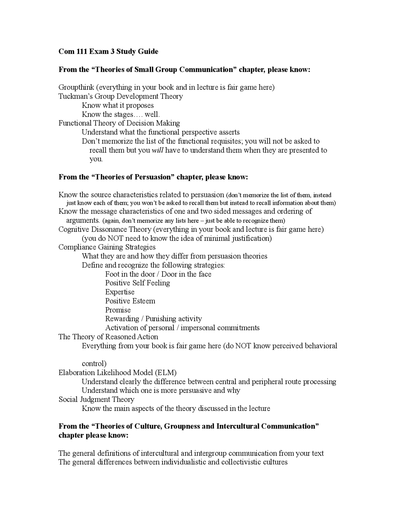 Introduction to Communication Theories - Study Guide | COM 111.00 - Docsity