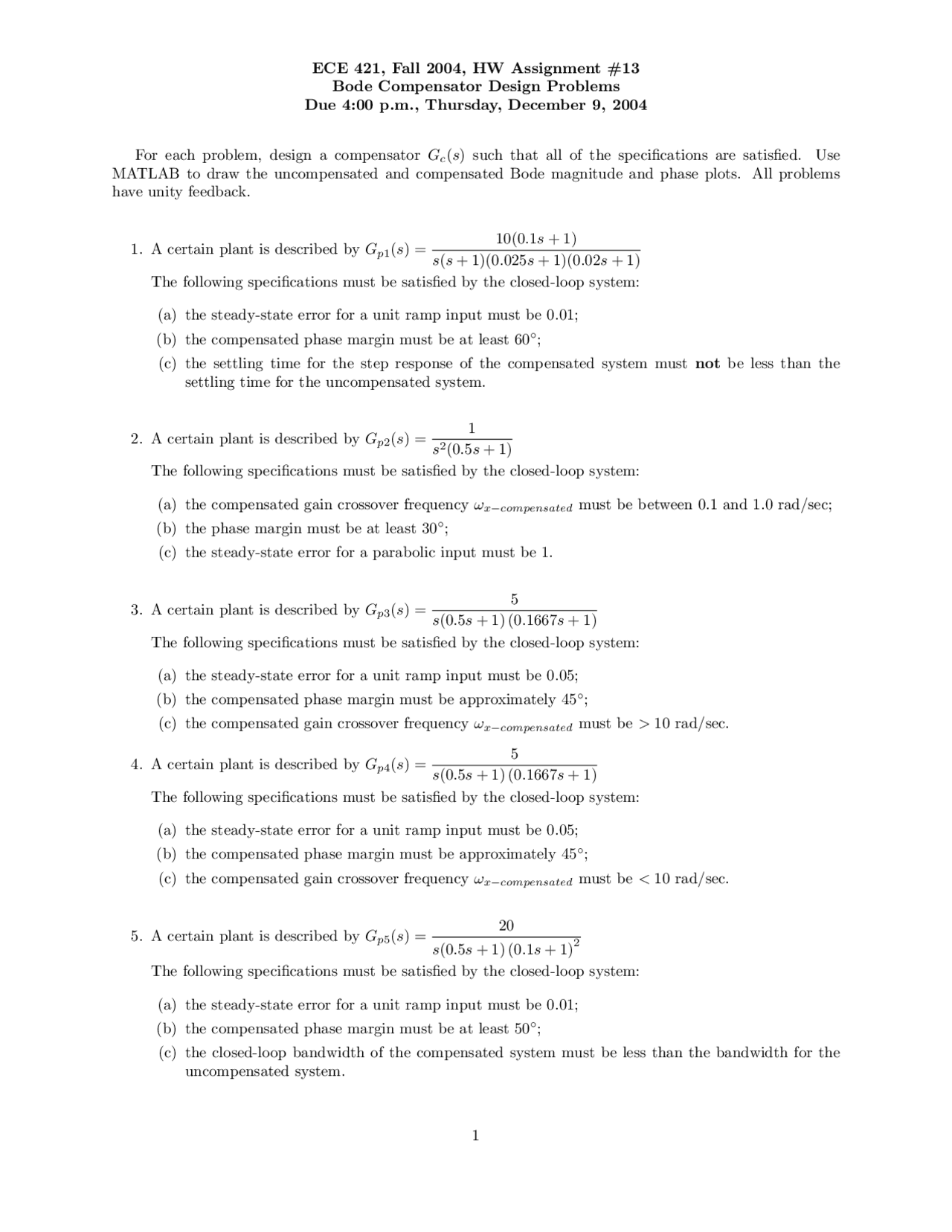 5 Bode Compensator Design Problems Assignment 13 Ece 421 Docsity