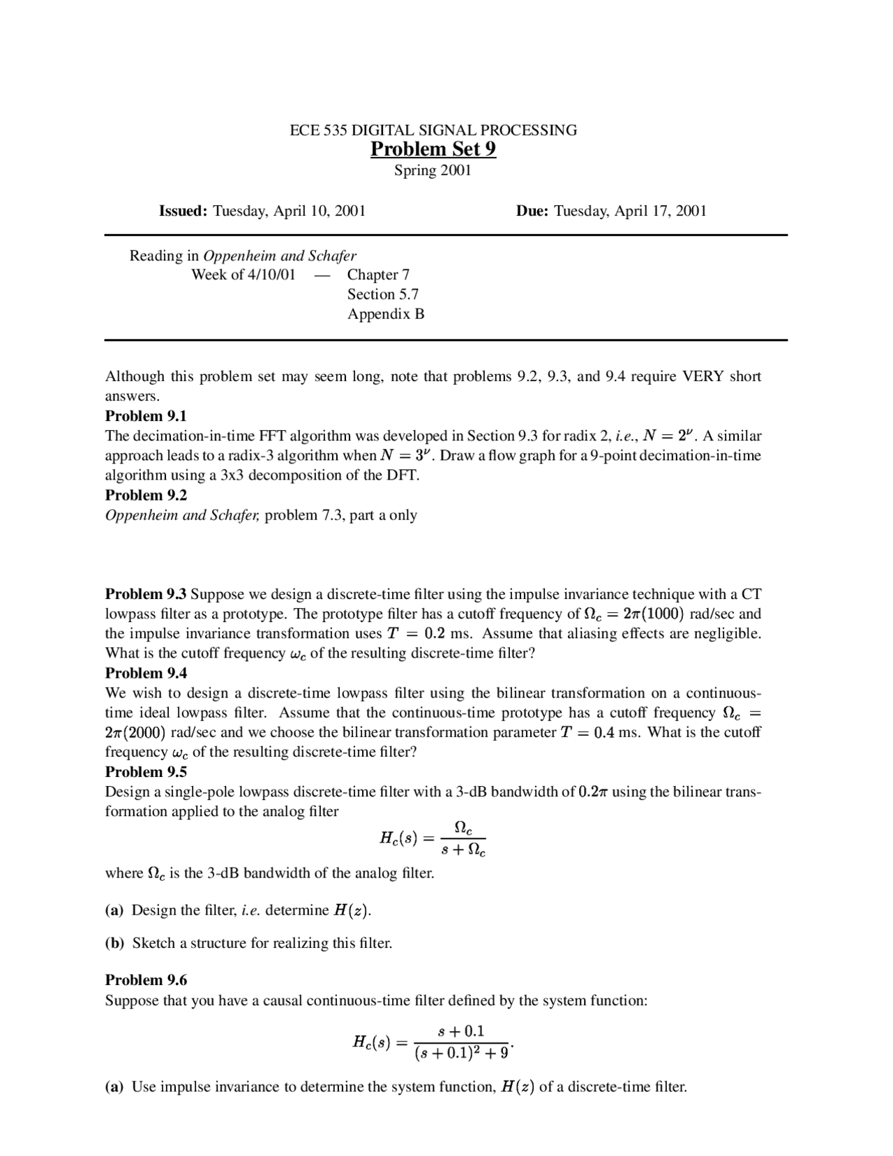 Problem Set 9 Digital Signal Processing Ece 535 Docsity
