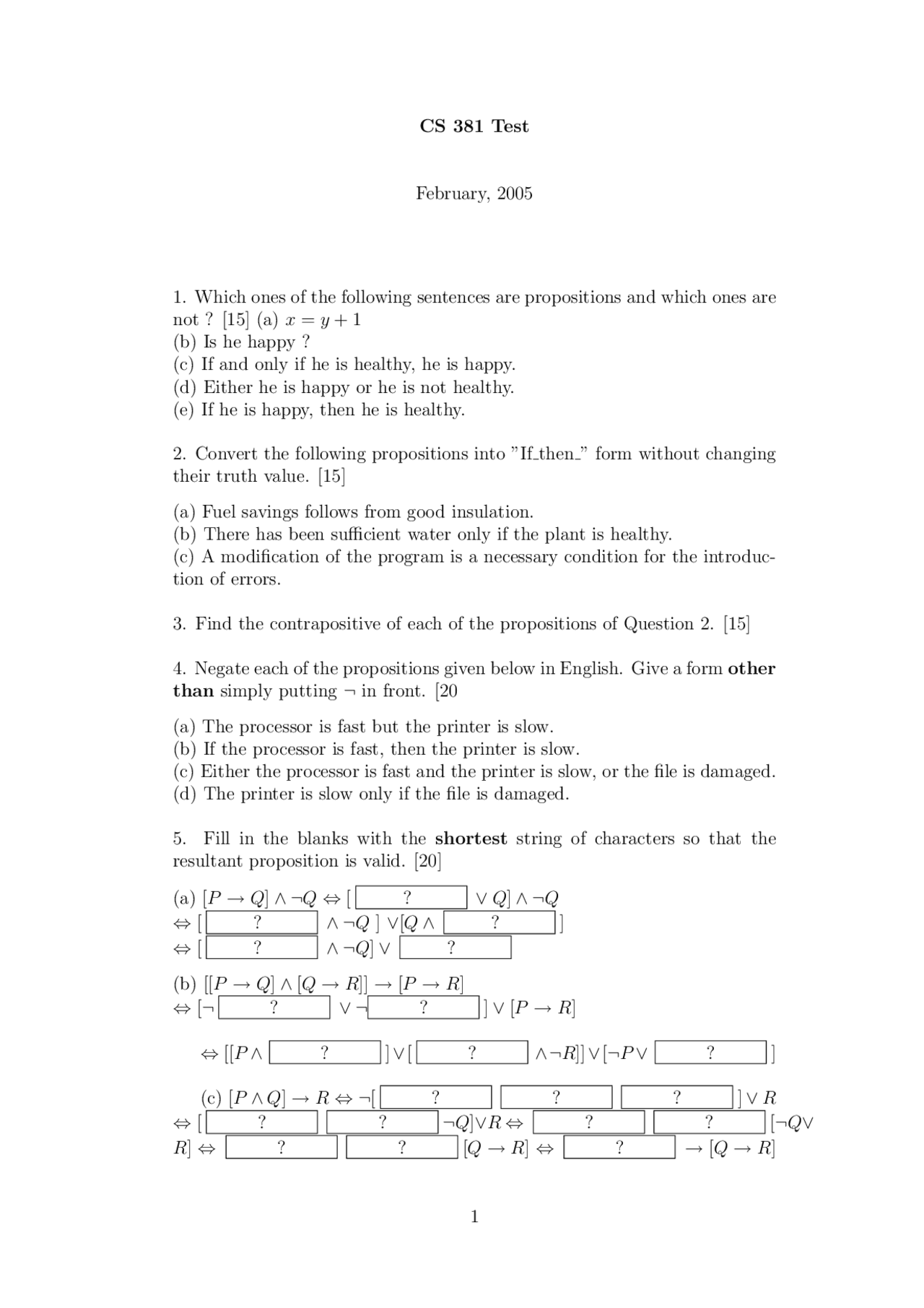 Questions For Test 2005 Discrete Structures Cs 381 Docsity
