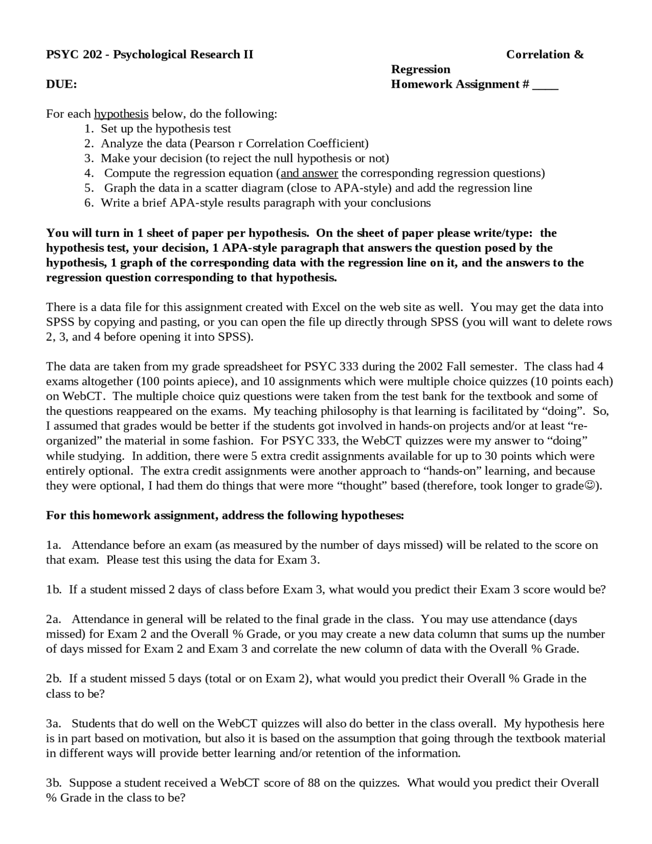 Correlation And Regression Homework Psyc 202 Docsity
