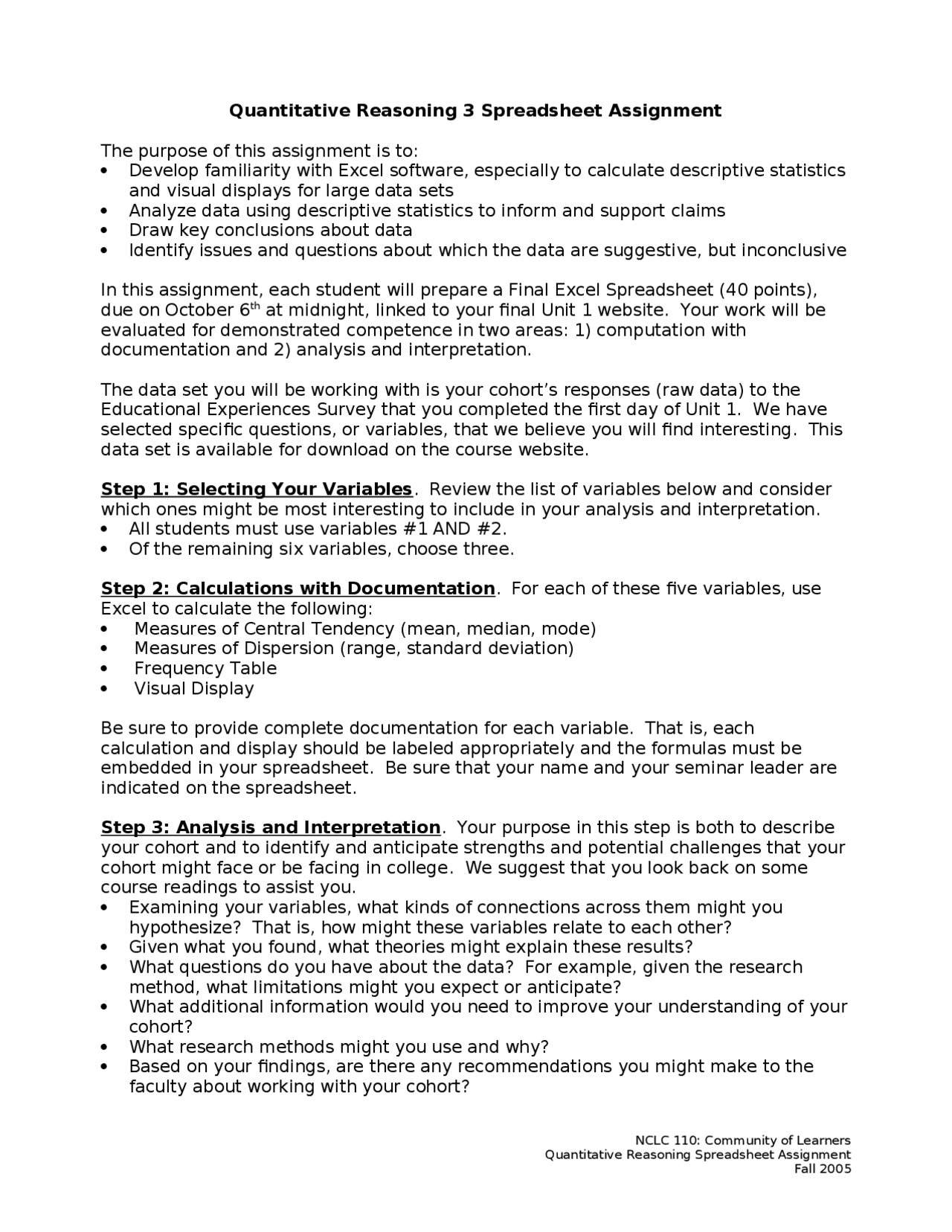 Quantitative Reasoning 3 Spreadsheet Assignment Community Of Learners