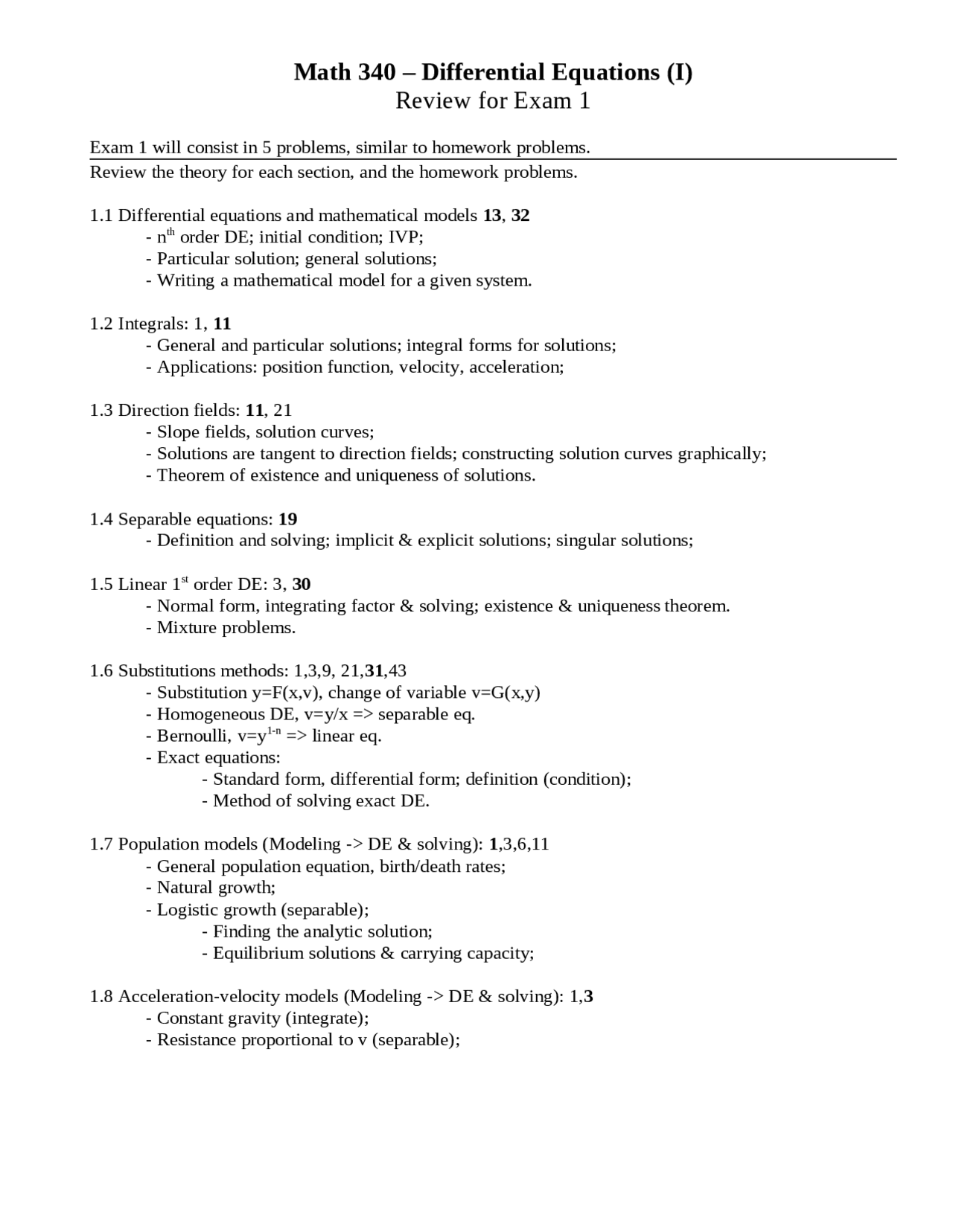 Review For Exam 1 Elementary Differential Equations I Mat 34000