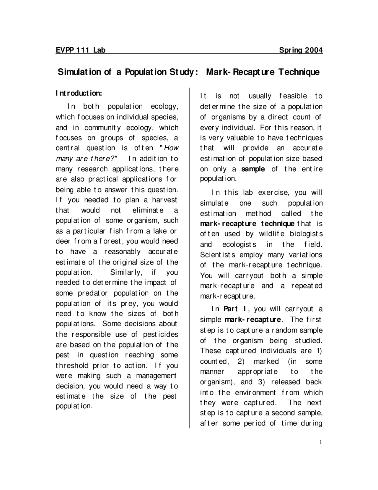 Simulation of a Population Study : Mark-Recapture Technique | EVPP 111 ...