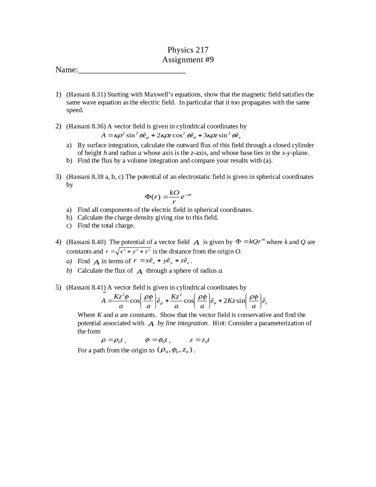 5 Problems To Find The Components Of Electric Field Homework 9 Phy 21700 Docsity