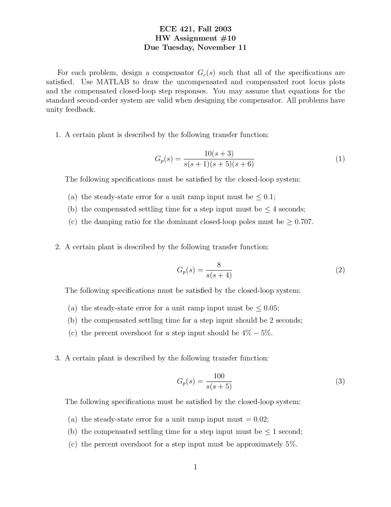 Assignment 10 Classical System And Control Theory Fall 2003 Ece