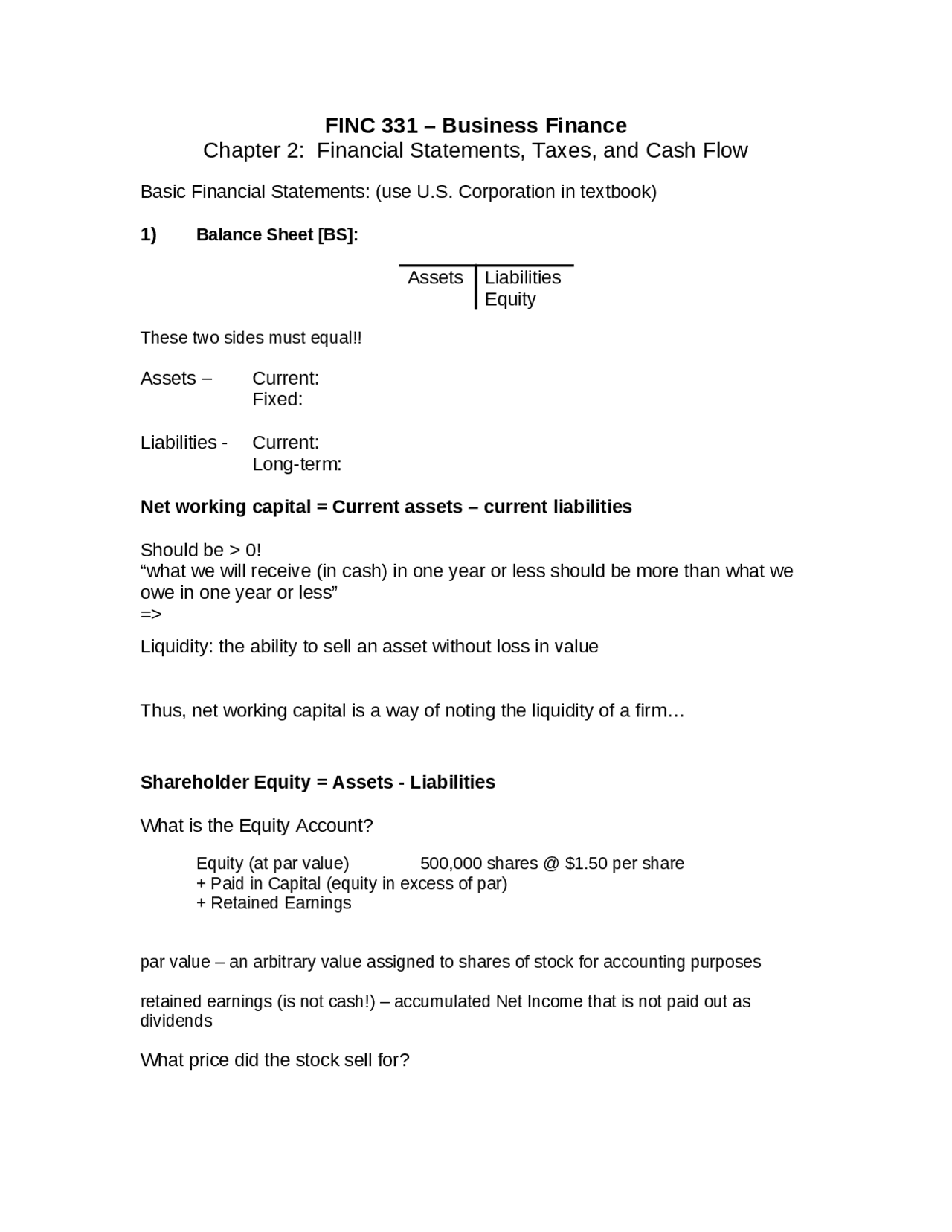 Financial Statements Taxes And Cash Flow Lecture Notes Finc 331