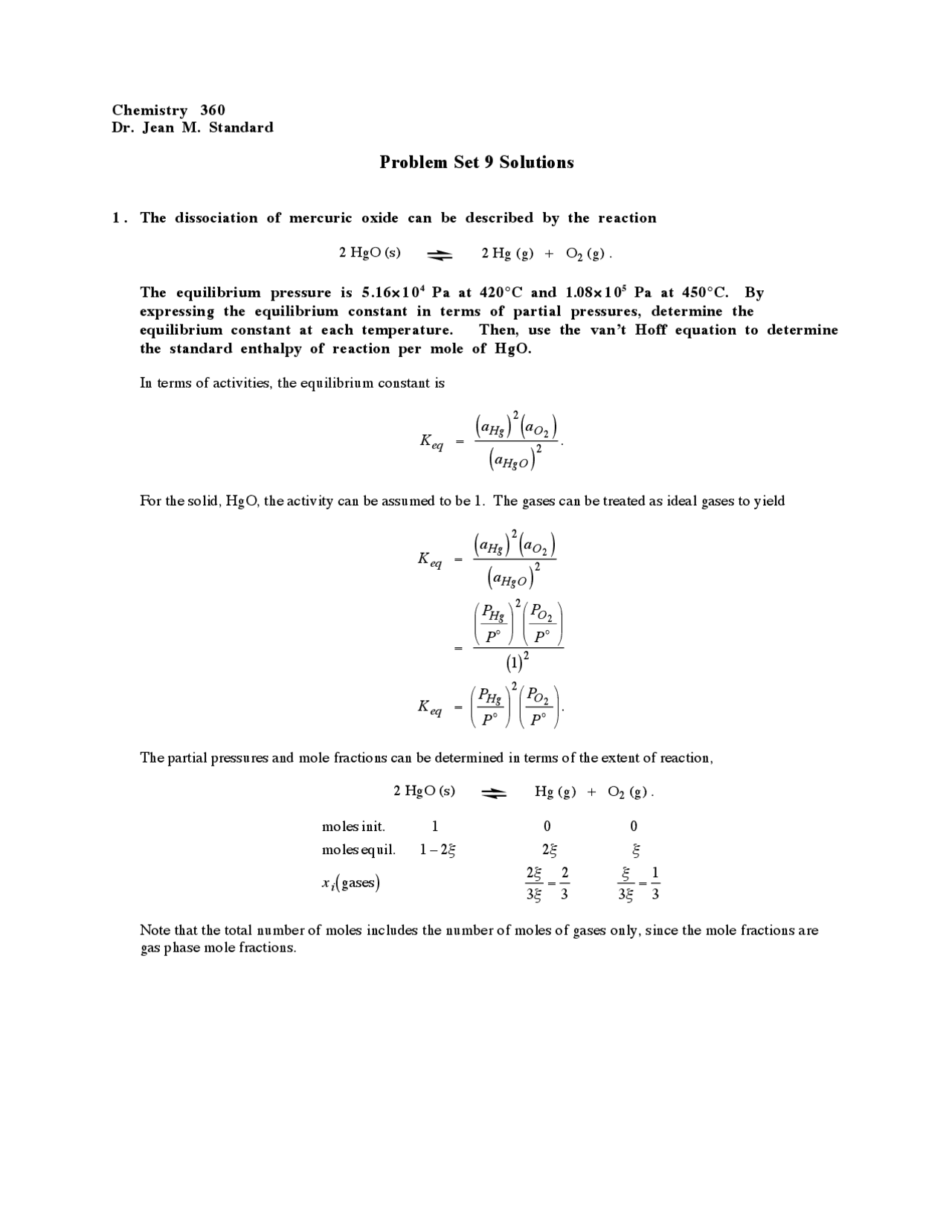 Problem Set 9 Solutions Physical Chemistry I Che 36000 Docsity