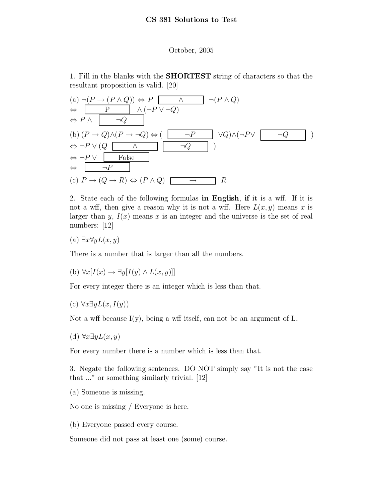 CS 381 Logic Exercises Solutions | Exams Discrete Structures and Graph Theory | Docsity