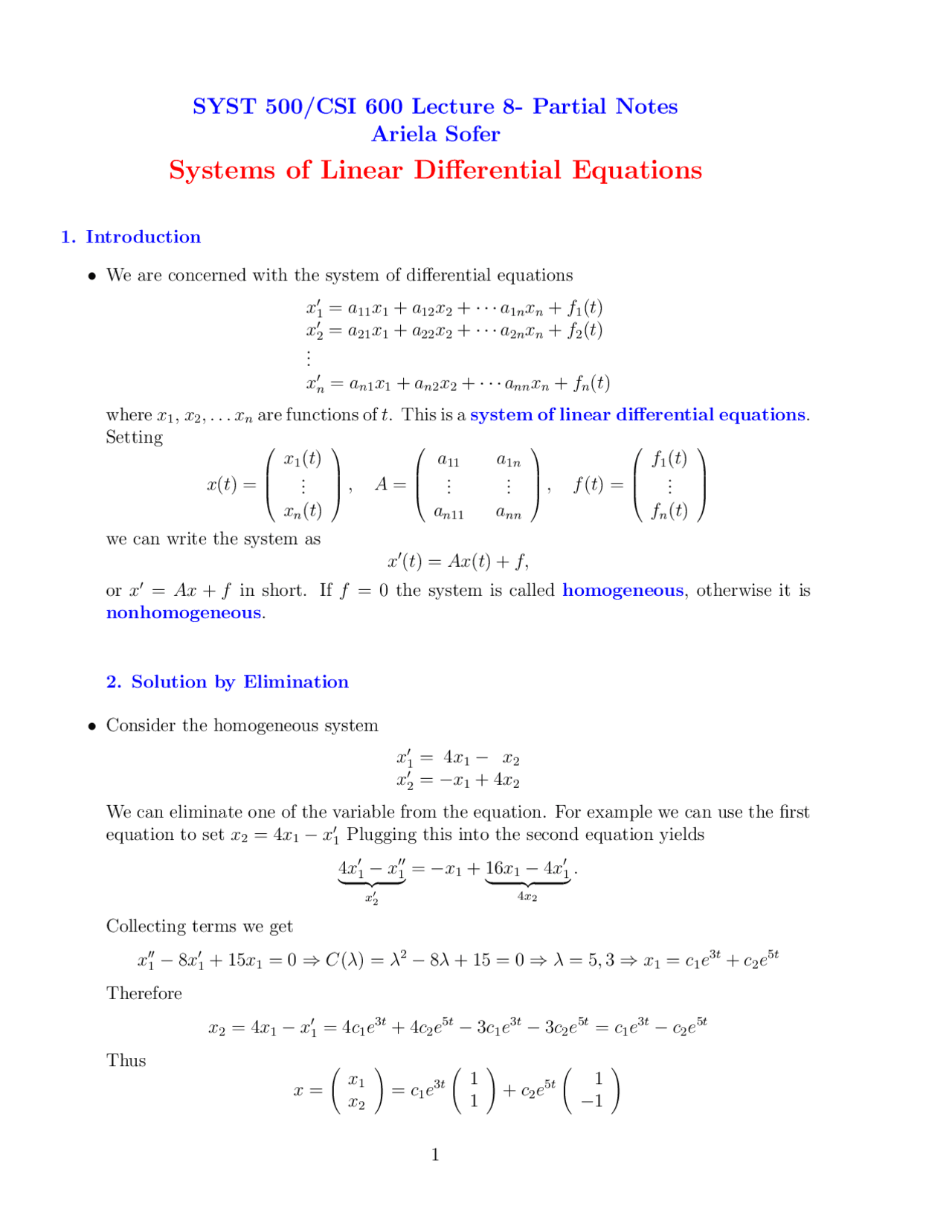 Notes On Systems Of Linear Differential Equations Syst 500 Docsity