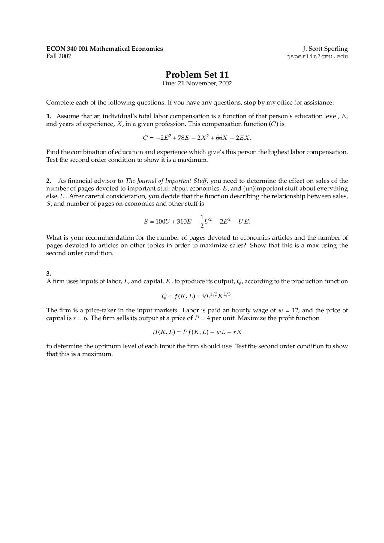 Problem Set 11 - Introduction to Math Economics | ECON 340 - Docsity