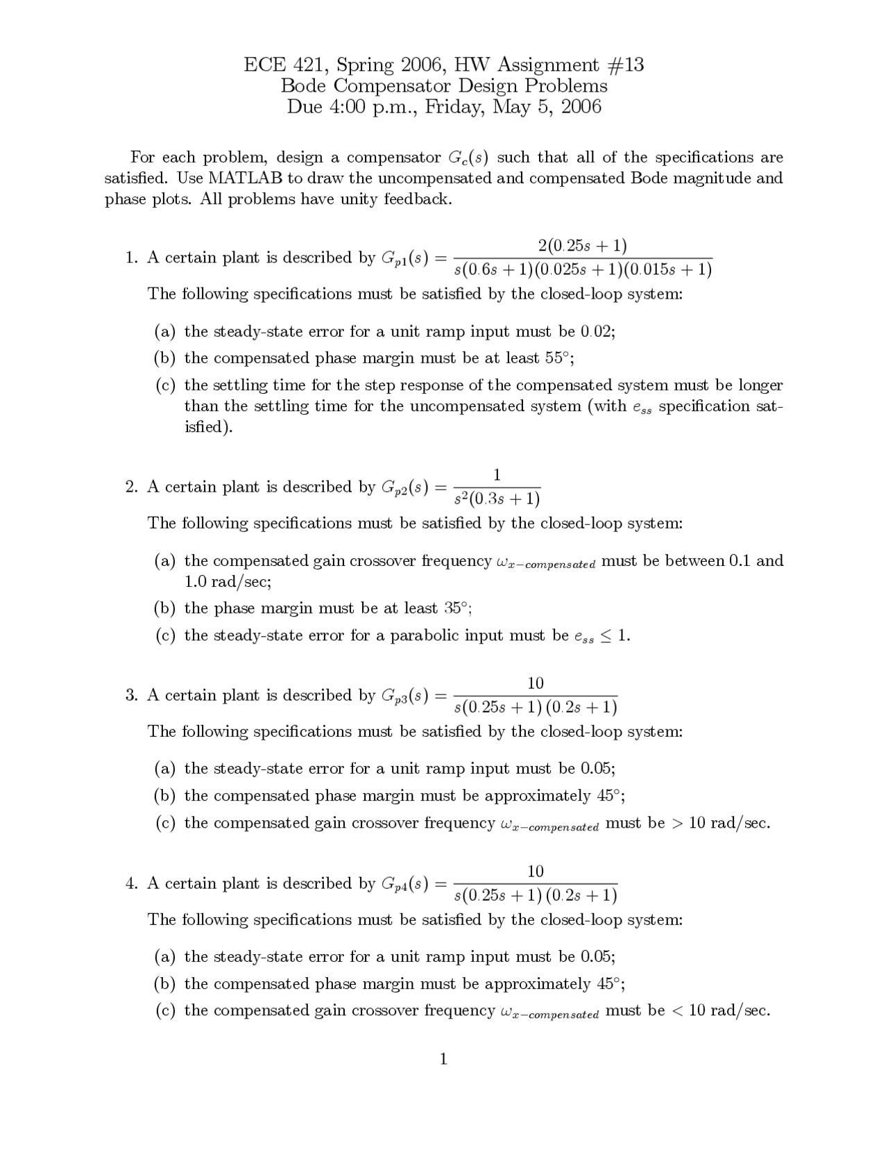 Homework 13 Bode Compensator Design Problems Spring 2006 Ece 421 Docsity