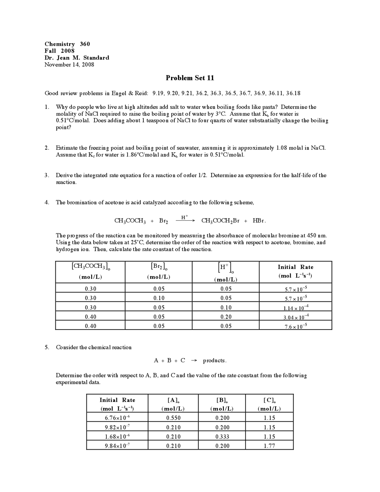 Physical Chemistry I Problem Set 11 Che 36000 Docsity