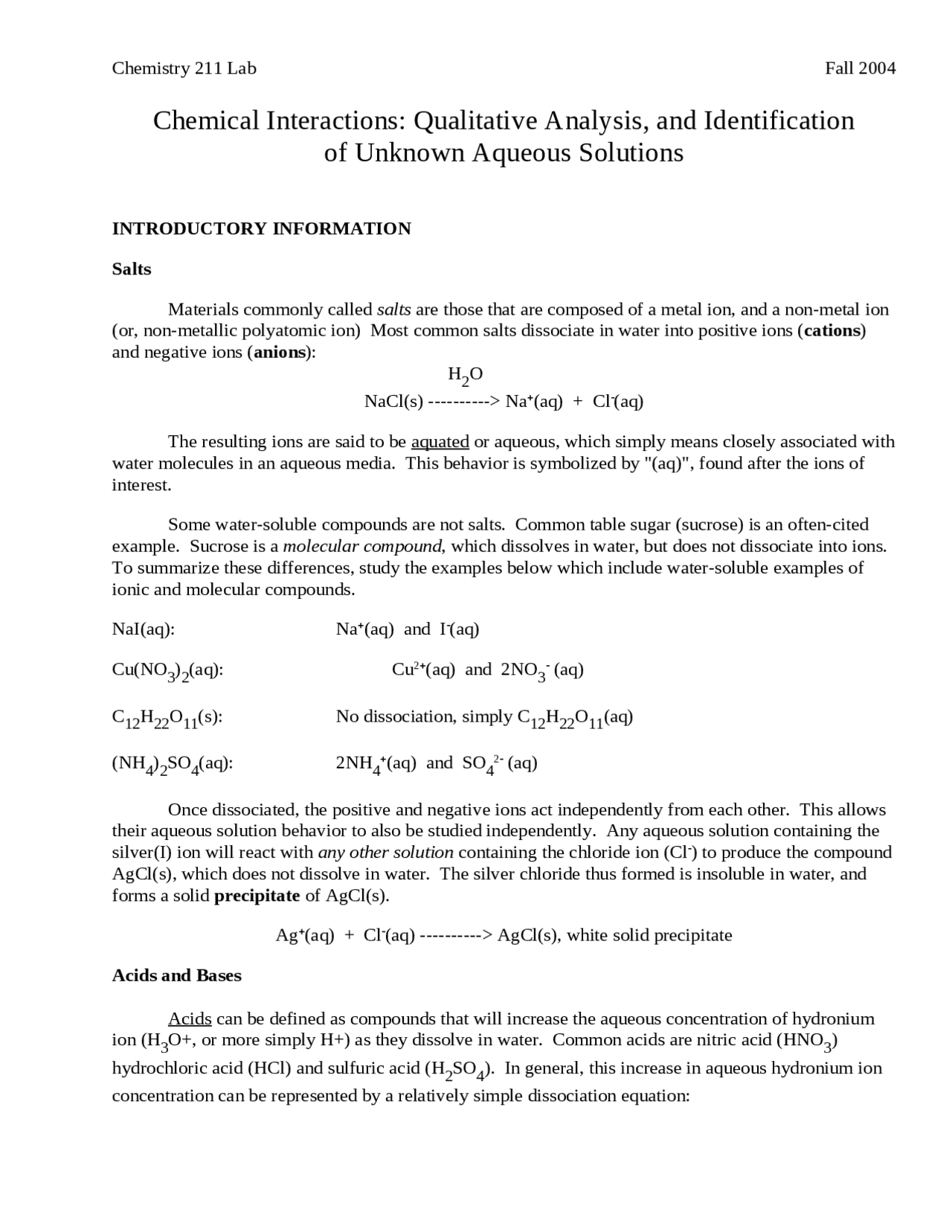 Chemical Interactions: Qualitative Analysis and Identification of ...