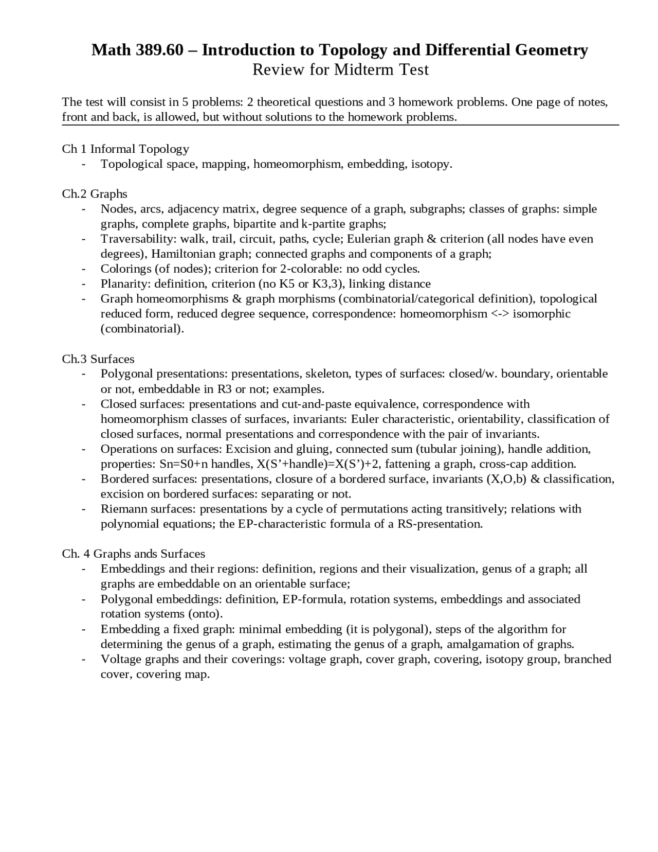 Midterm Test Introduction To Topology And Differential Geometry Mat