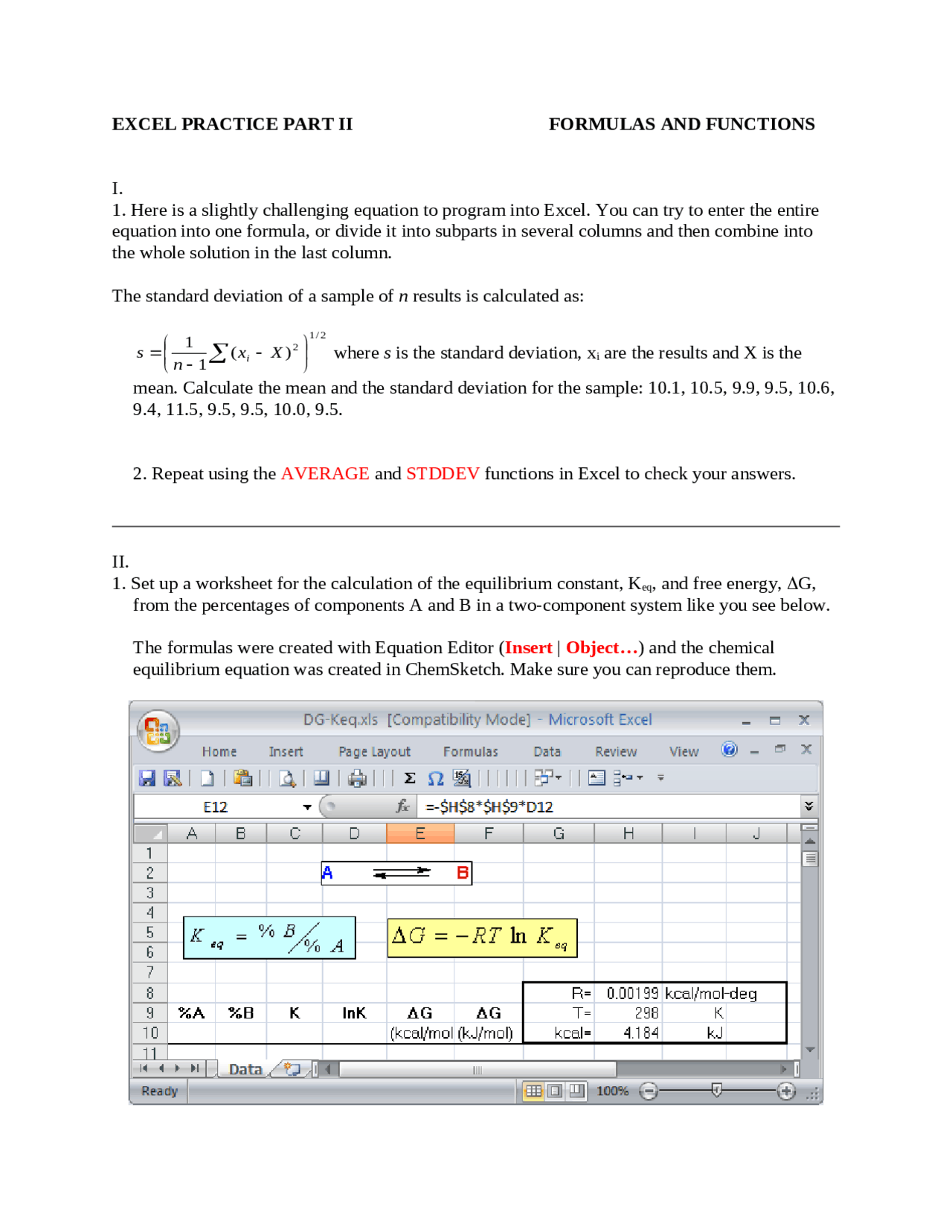 Excel Practice - Computer Techniques Chemistry | CHEM 350 - Docsity