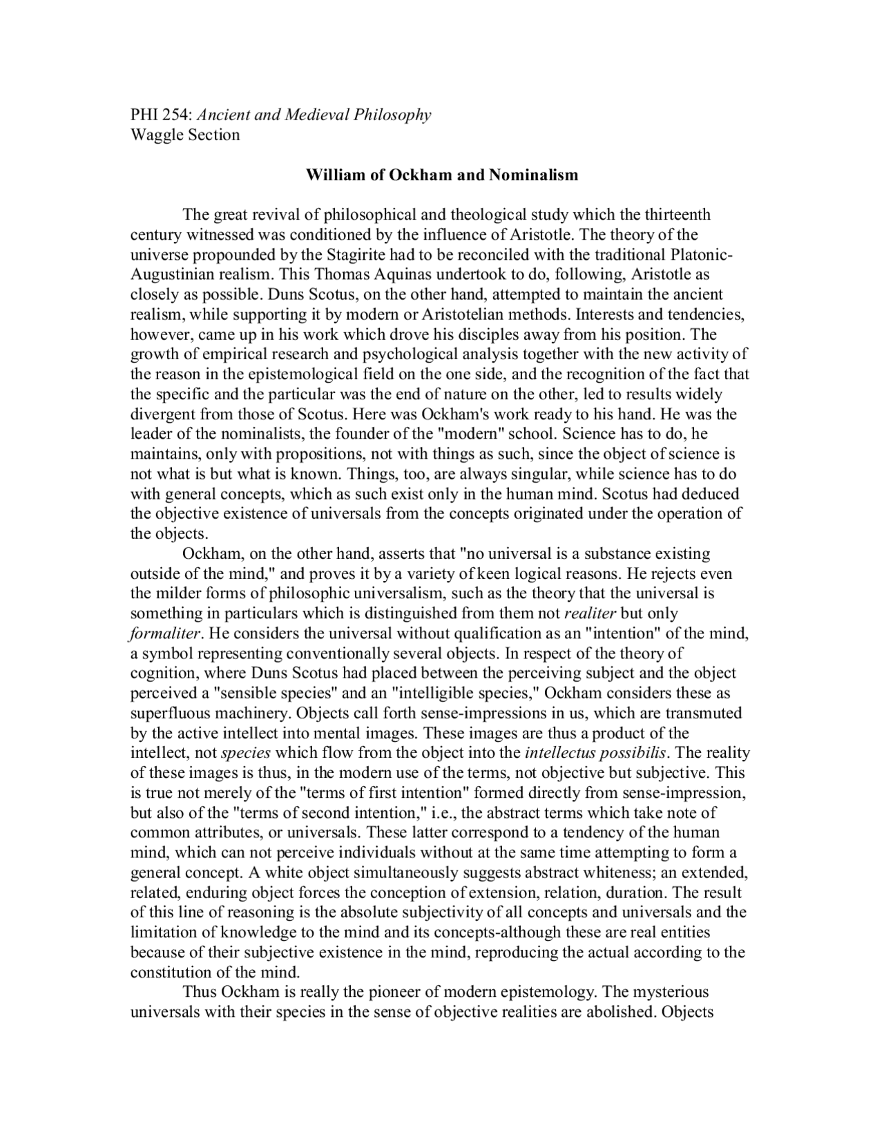 Notes on William of Ockham and Nominalism | PHI 254.00 - Docsity