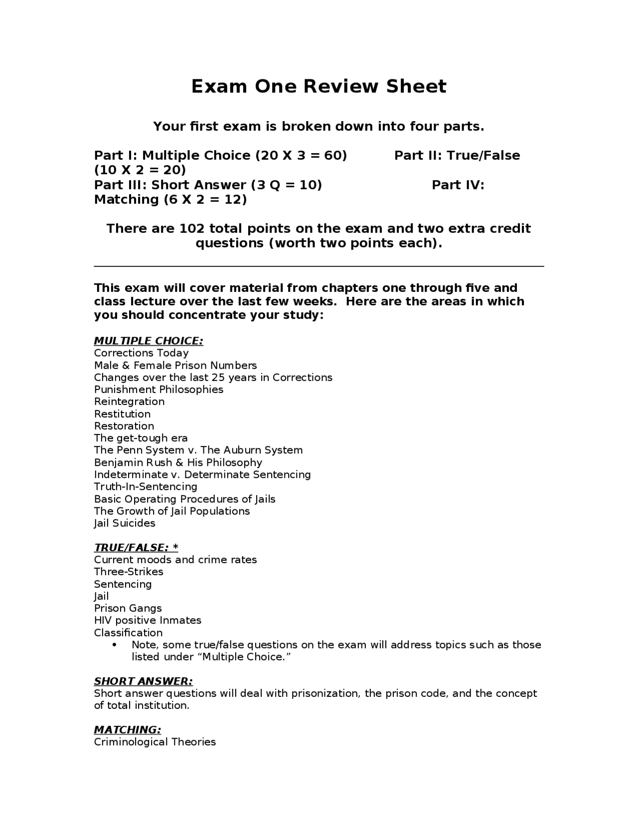 Corrections - Exam One Review Sheet | CRJU 238 - Docsity