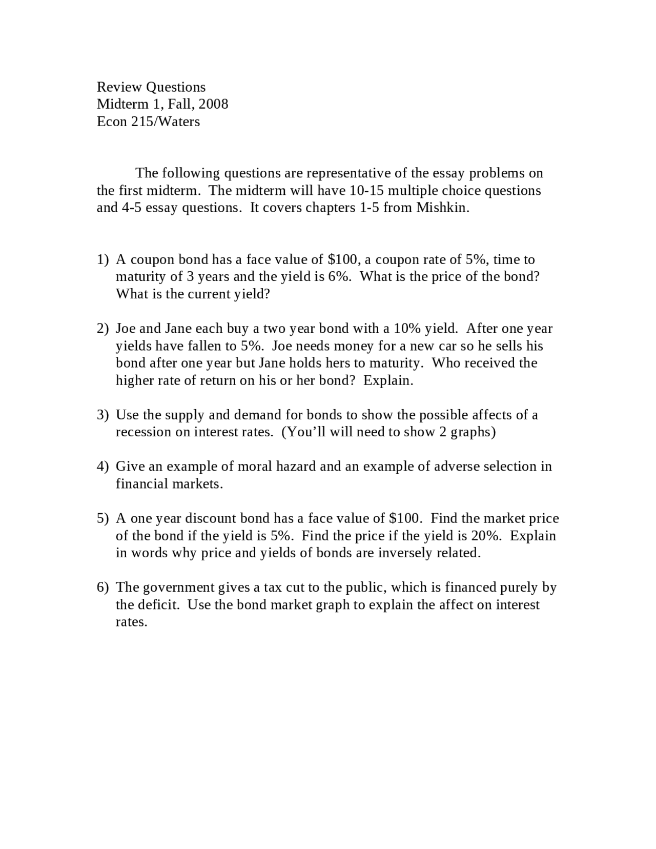 Midterm 1 Review Questions For Money And Banking Eco 21500 Docsity