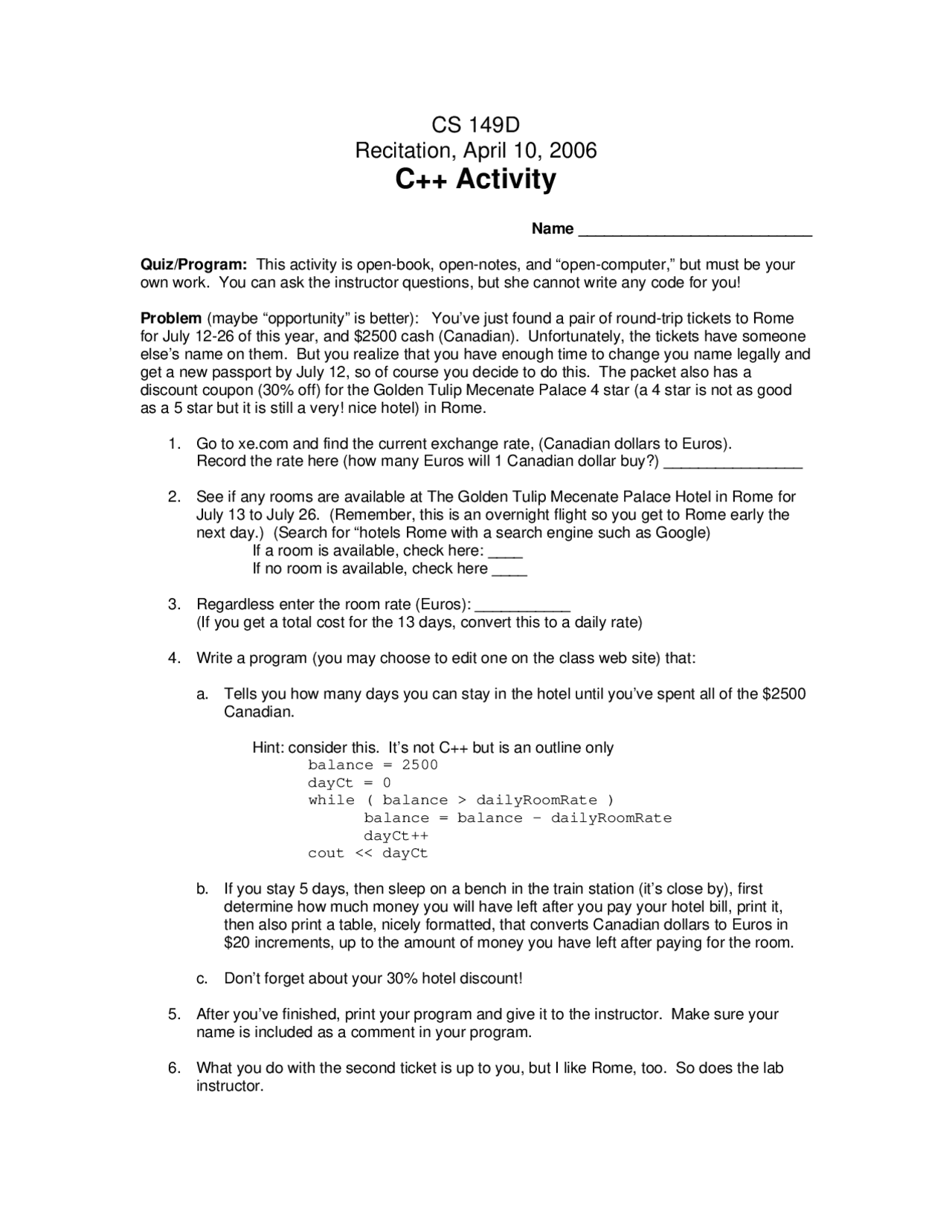 C Activity Elements Of Computer Science Cs 149d Docsity