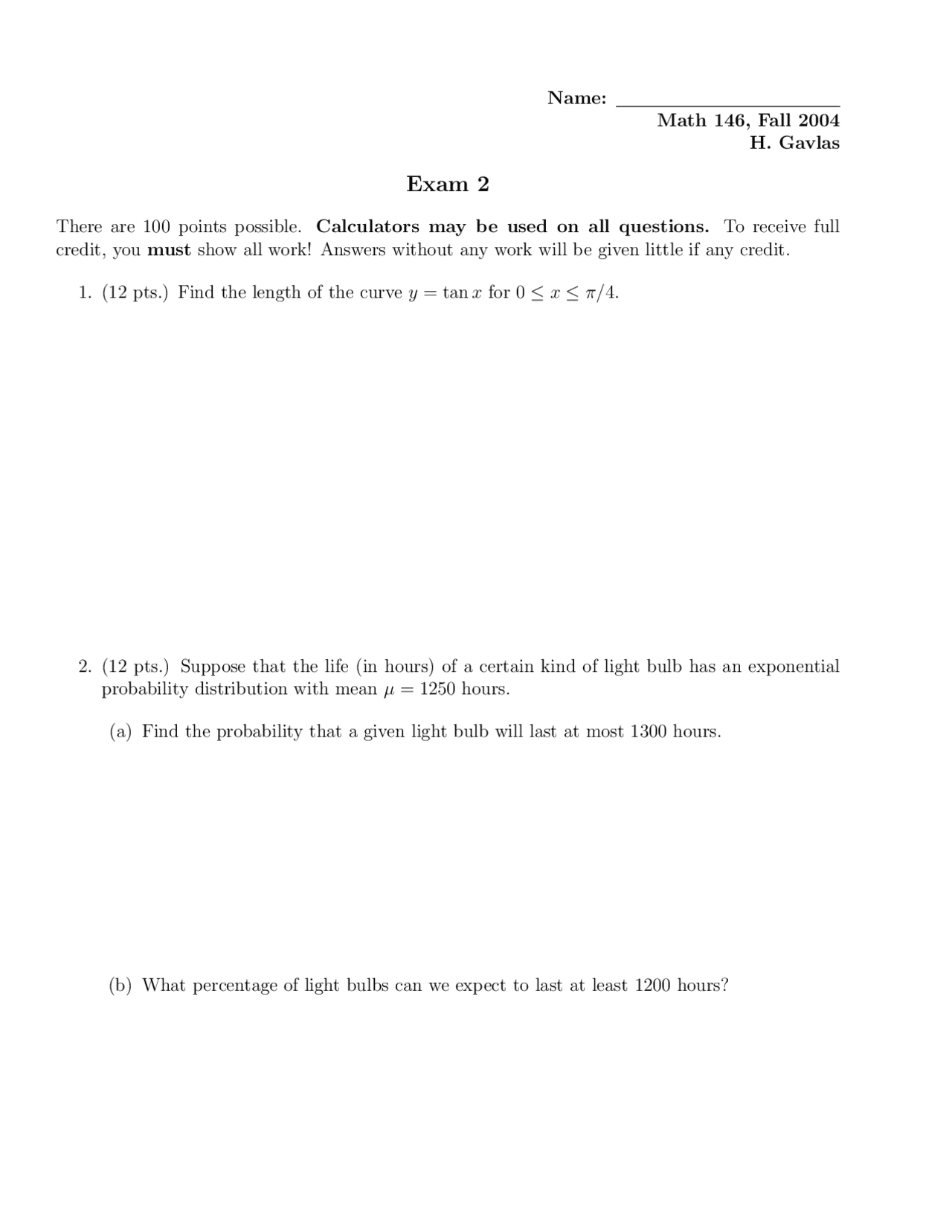 7 Questions On Calculus Ii Exam 2 Mat 14600 Docsity