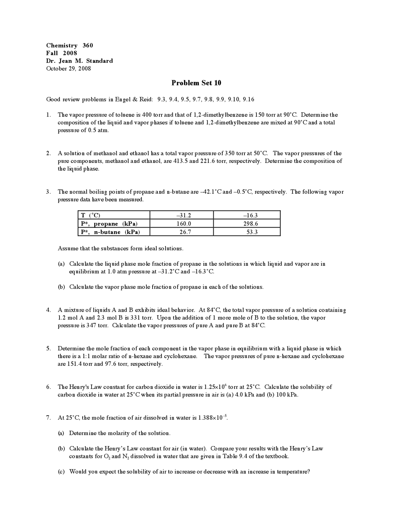 Problem Set 10 Questions Physical Chemistry I Che 36000 Docsity