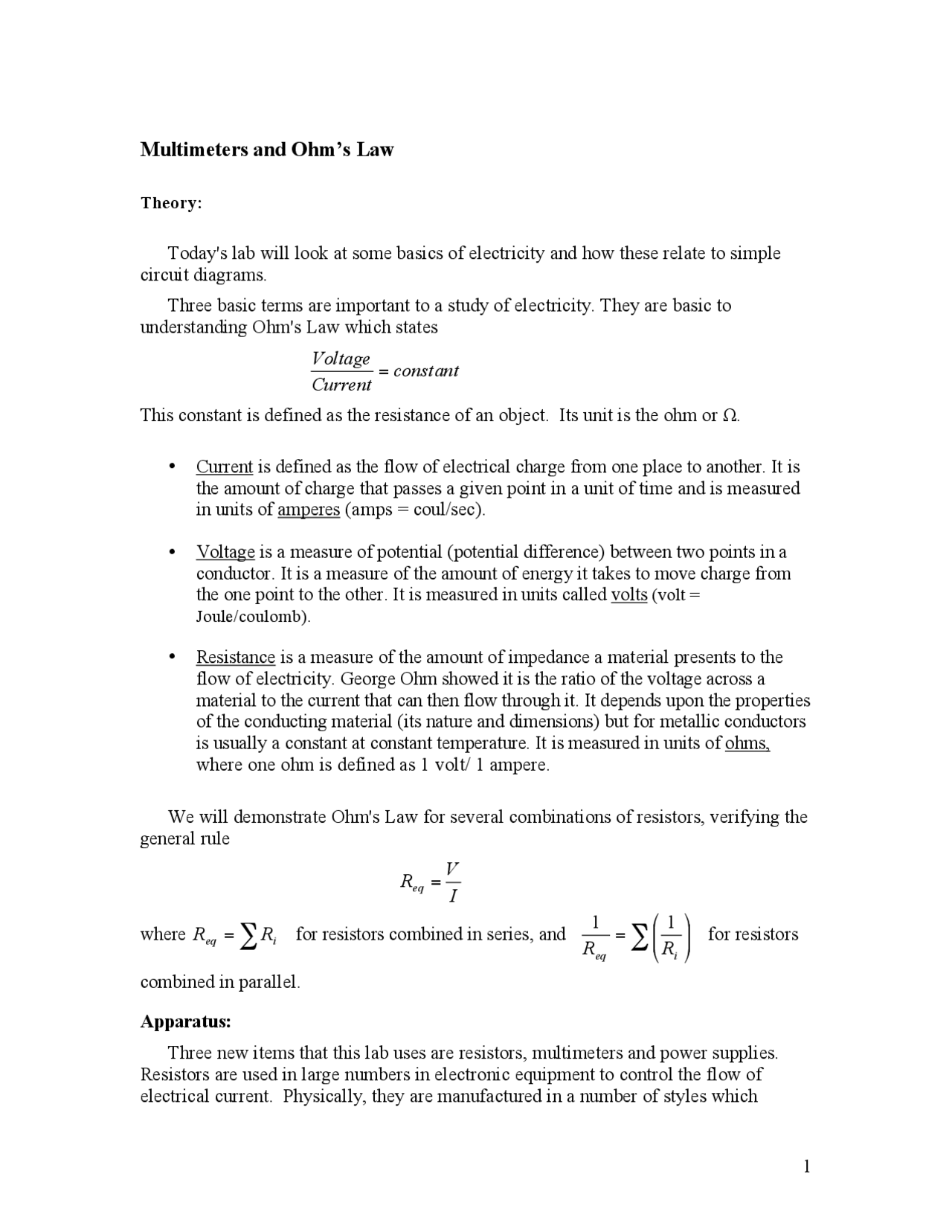 Multimeter and Ohm's Law - Lecture Notes | PHYS 261 - Docsity