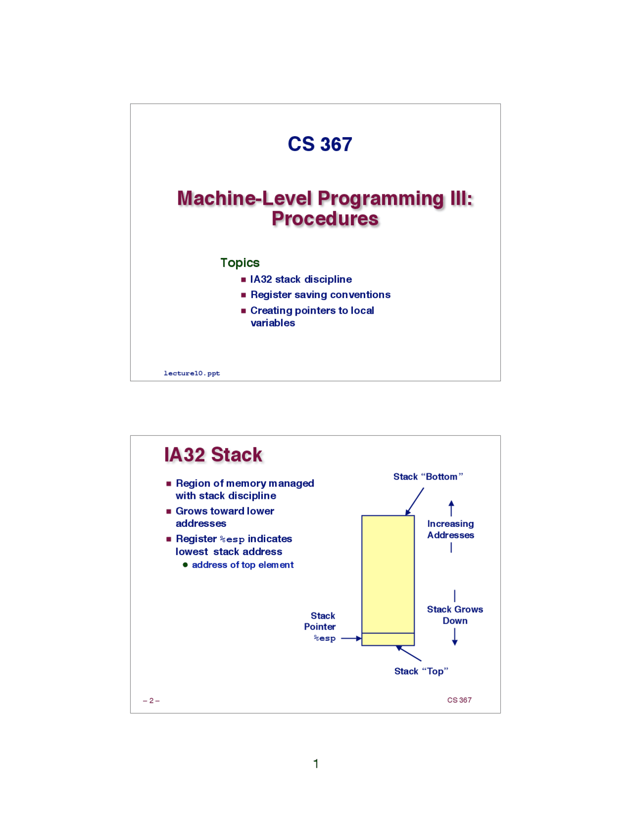 IA32 Stack and Register Saving Conventions - Lecture Slides | CS 367 - Docsity