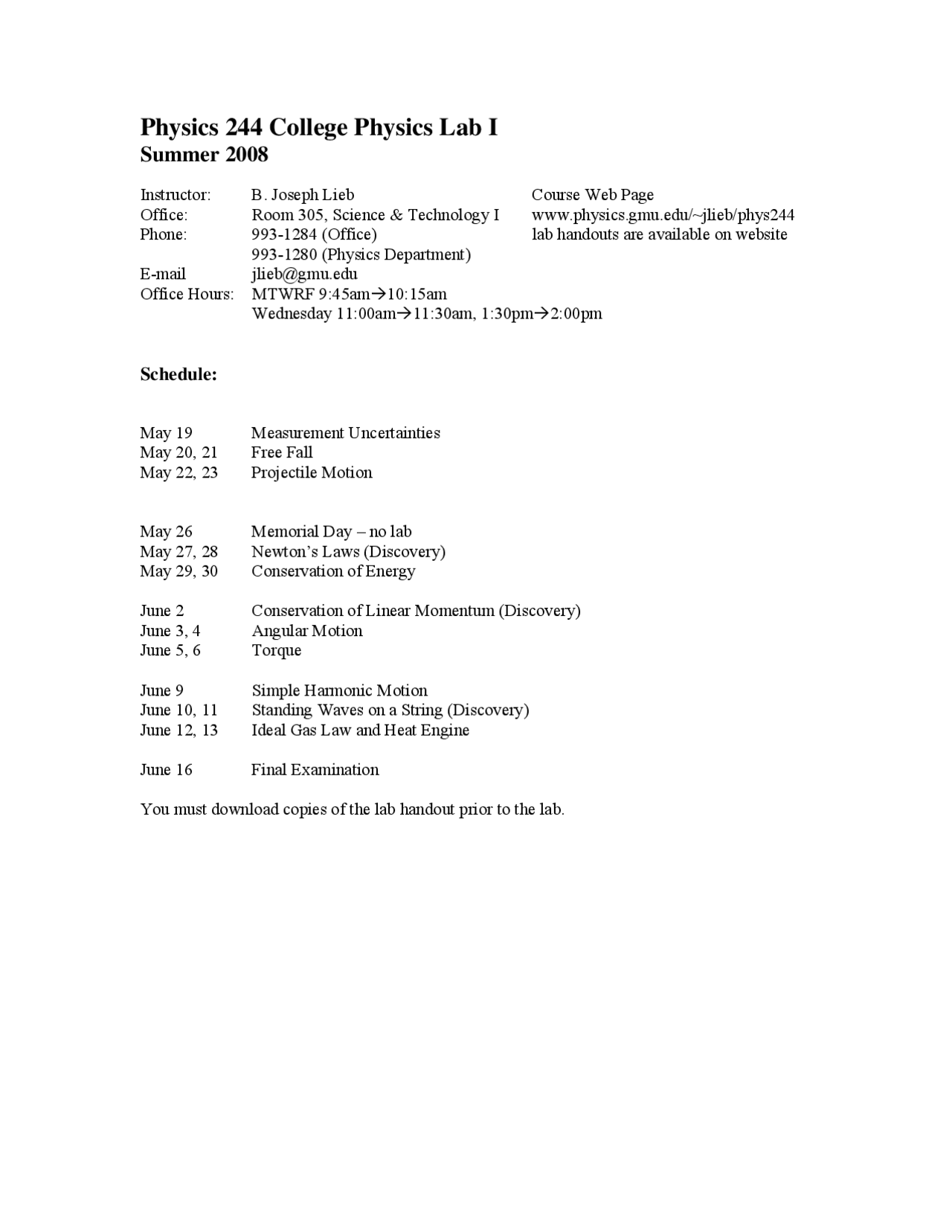 Syllabus For College Physics I Lab Phys 244 Docsity
