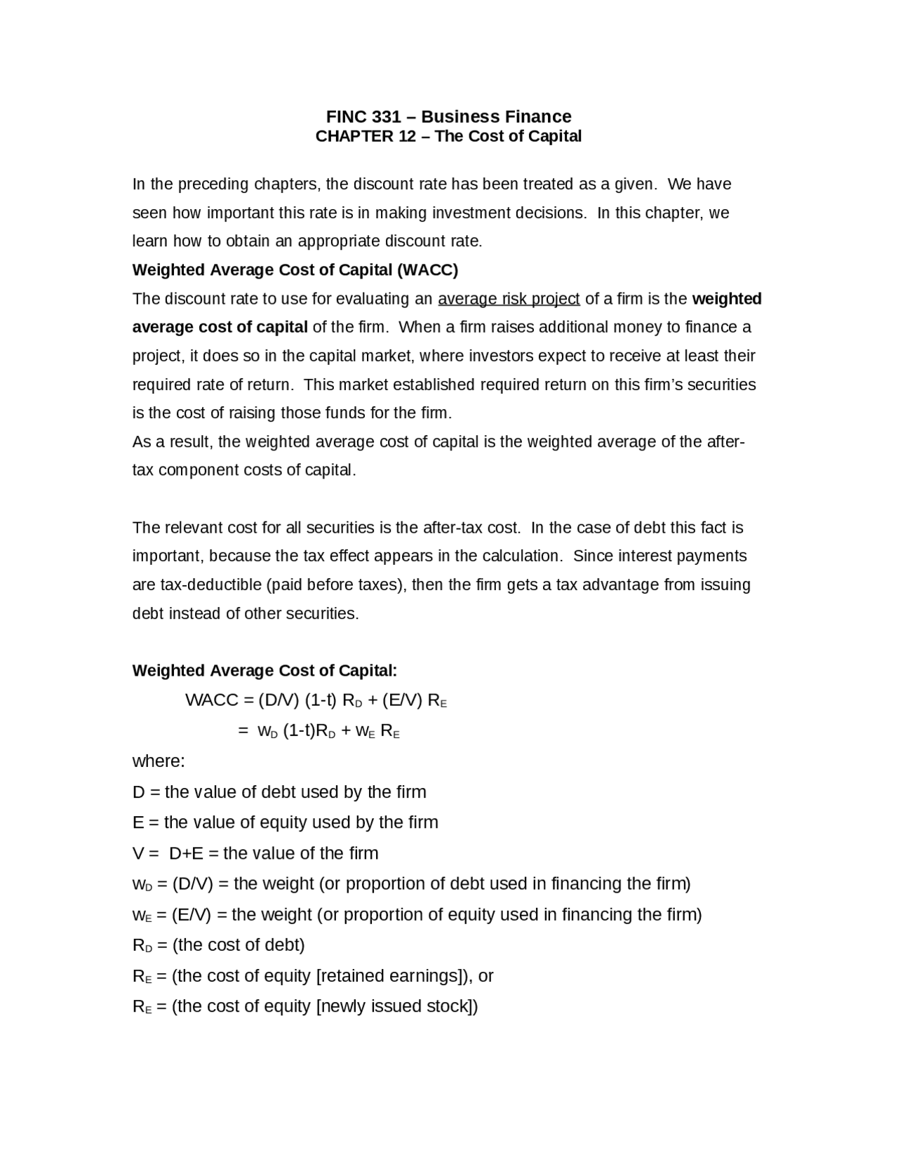 The Cost Of Capital Lecture Notes Finc 331 Docsity