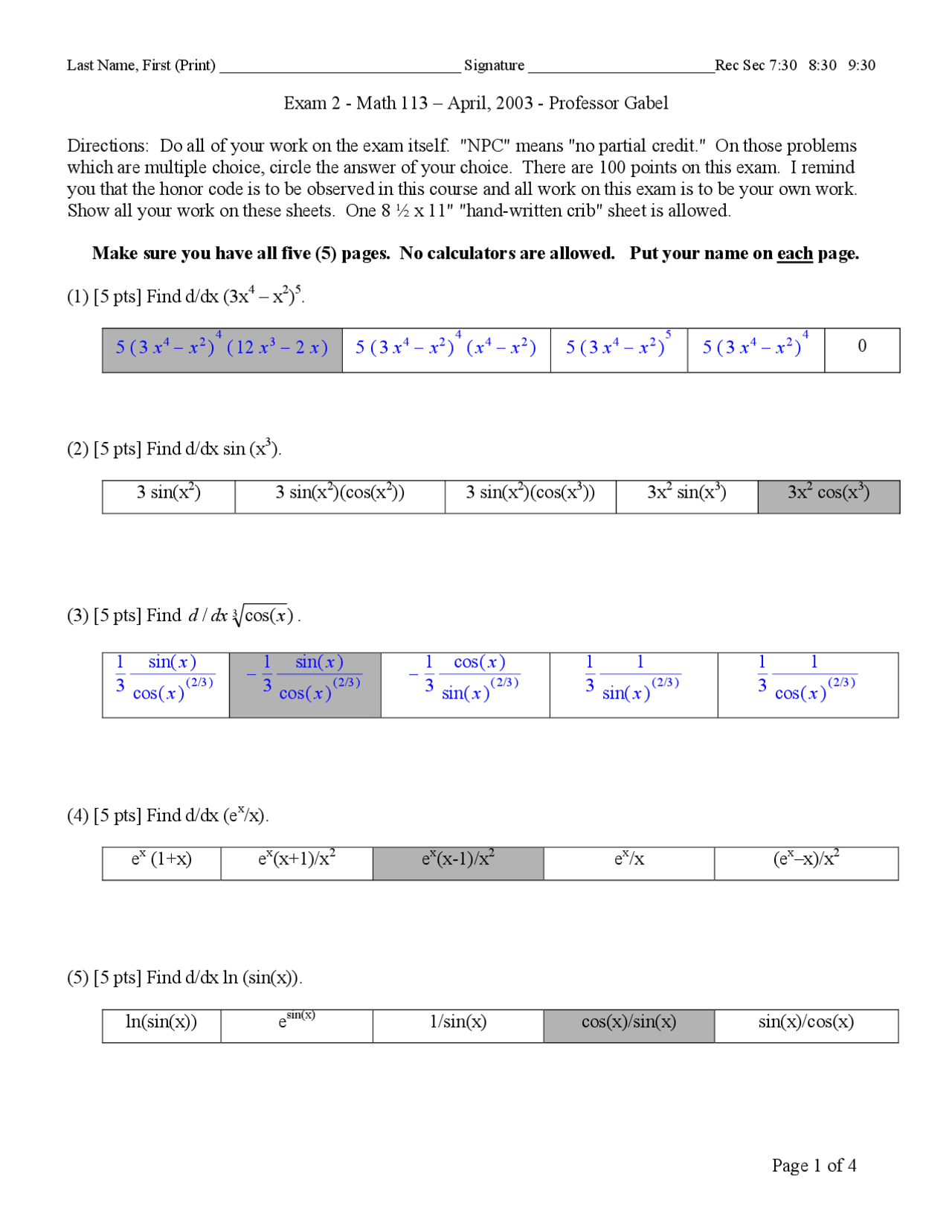 16 Solved Problems To Find The Derivative Equations Exam 2 Math 113